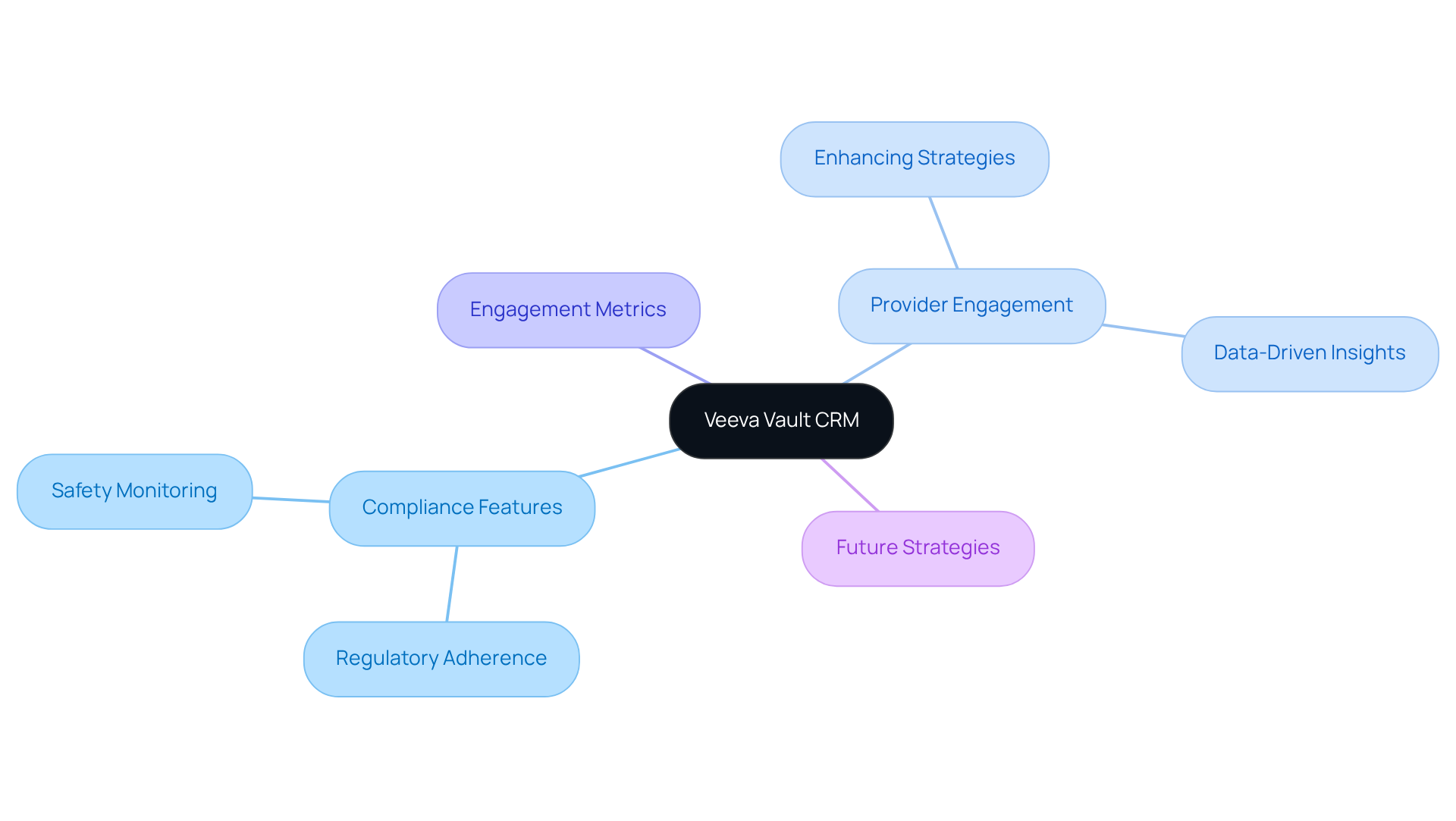 Start at the center with Veeva Vault CRM, then explore how its features and strategies branch out to enhance compliance and engagement with healthcare providers. Start at the center with Veeva Vault CRM, then explore how its features and strategies branch out to enhance compliance and engagement with healthcare providers.