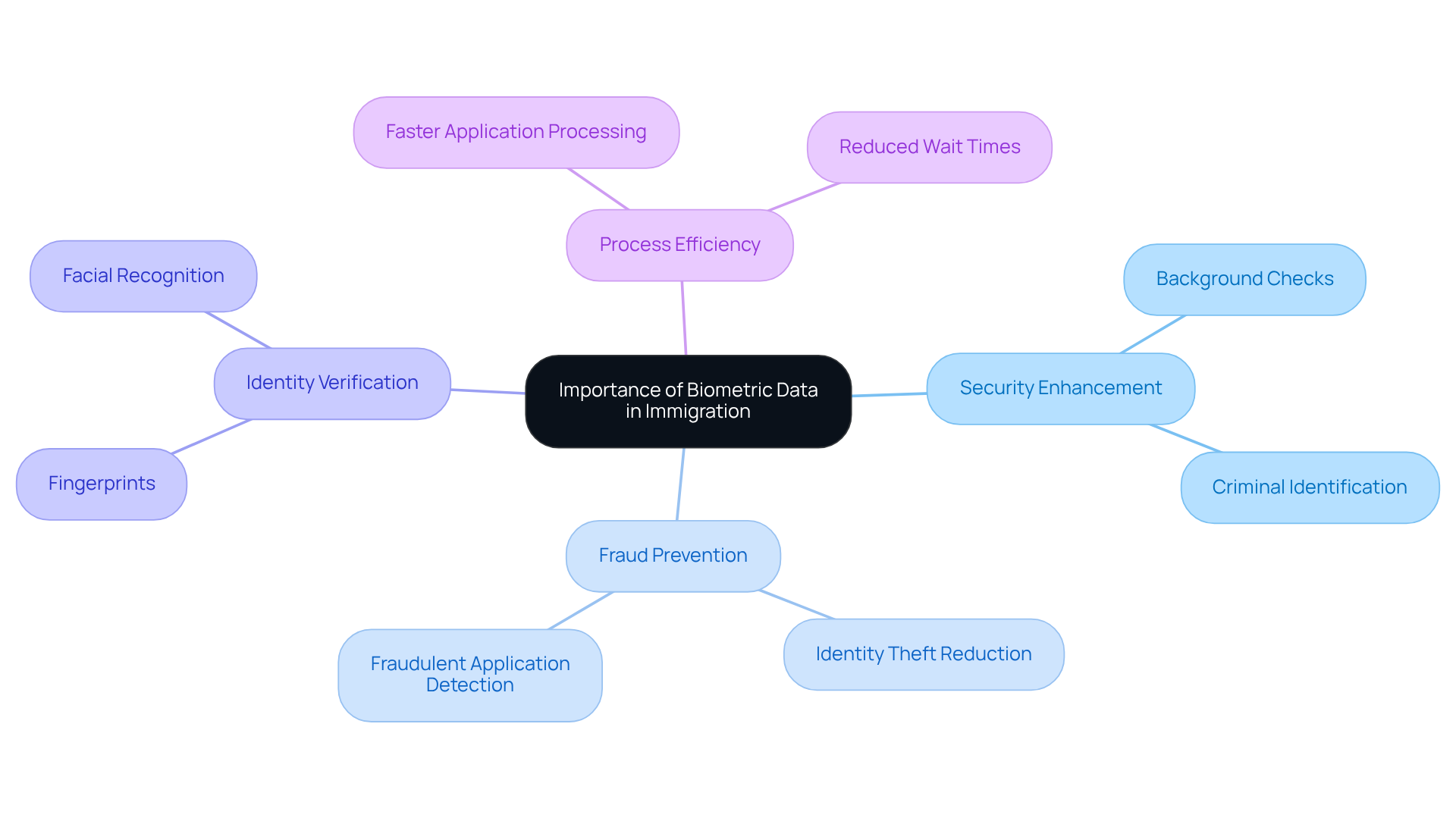 The central node represents the overall importance of biometric data, while the branches show different aspects like security and efficiency. Each sub-branch provides specific examples or details related to those aspects.