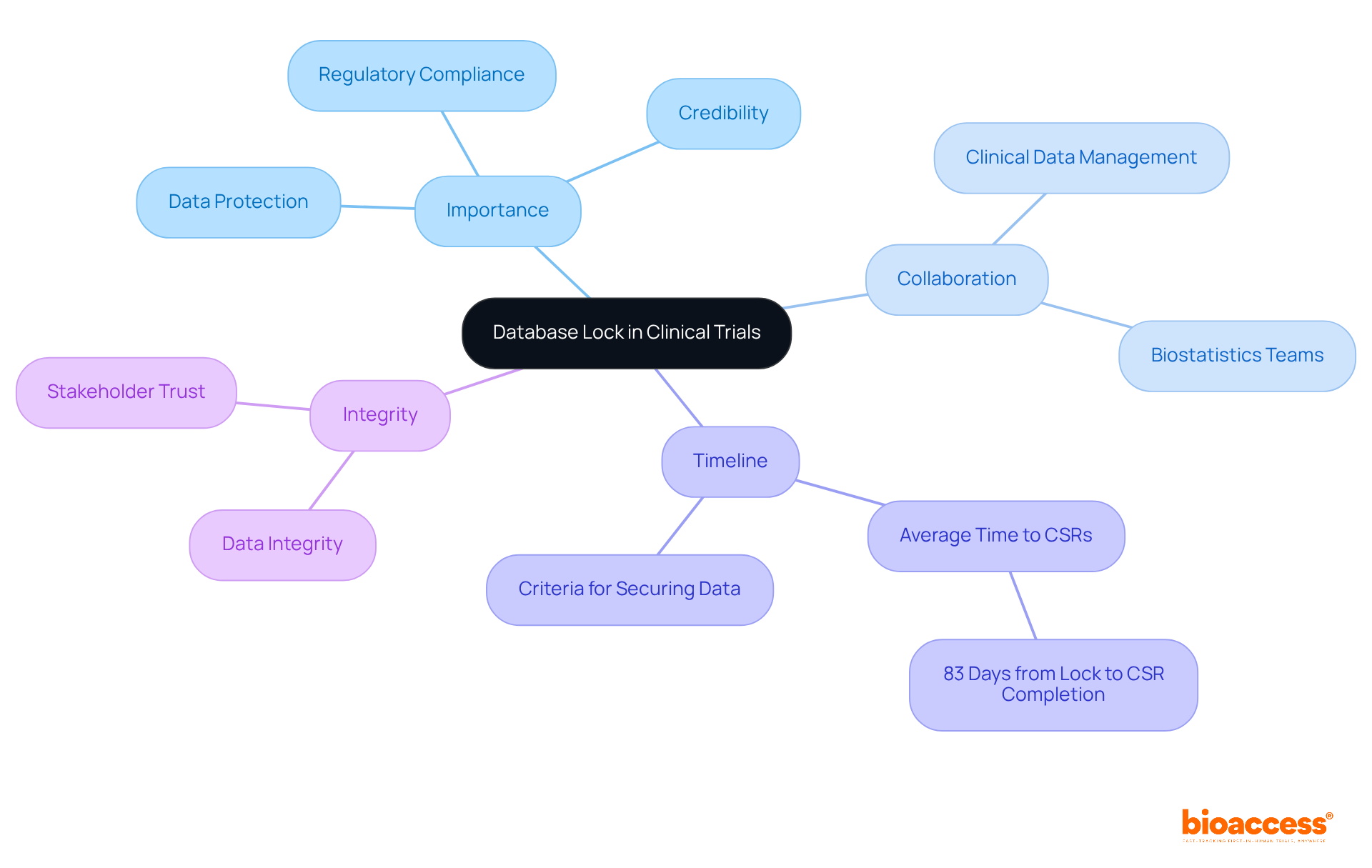 The central node represents the database lock, with branches illustrating its importance, collaboration requirements, timelines, and overall integrity. Each sub-branch highlights specific aspects of the process.