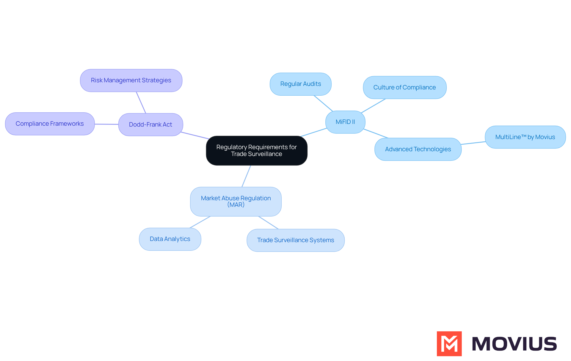 The center represents the main theme of regulatory requirements, with branches showing specific regulations and strategies. Each color-coded branch helps you see how different aspects of compliance connect to the central topic.