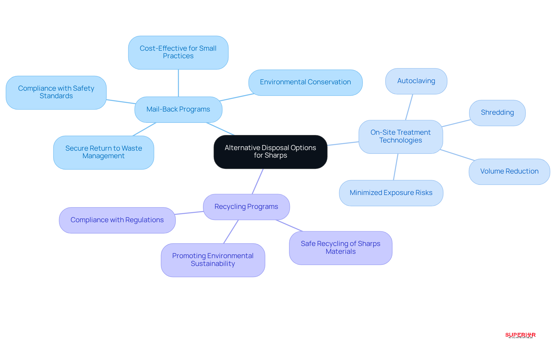 The center represents the main topic of disposal options, while the branches show different methods. Each method has its own benefits and details, making it easy to understand how they contribute to safe disposal practices. The center represents the main topic of disposal options, while the branches show different methods. Each method has its own benefits and details, making it easy to understand how they contribute to safe disposal practices.
