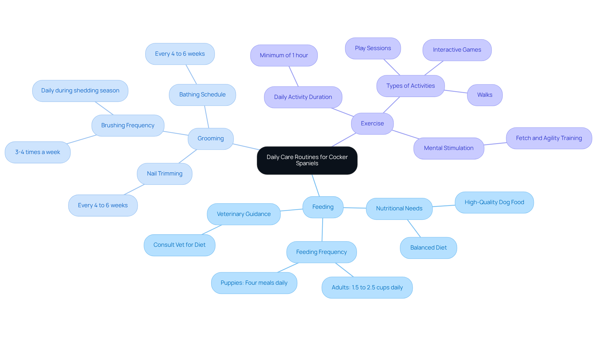 Start in the center with the overall care routine, then follow the branches to explore each aspect of care - feeding, grooming, and exercise - and see the specific actions that help keep your dog happy and healthy. Start in the center with the overall care routine, then follow the branches to explore each aspect of care - feeding, grooming, and exercise - and see the specific actions that help keep your dog happy and healthy.