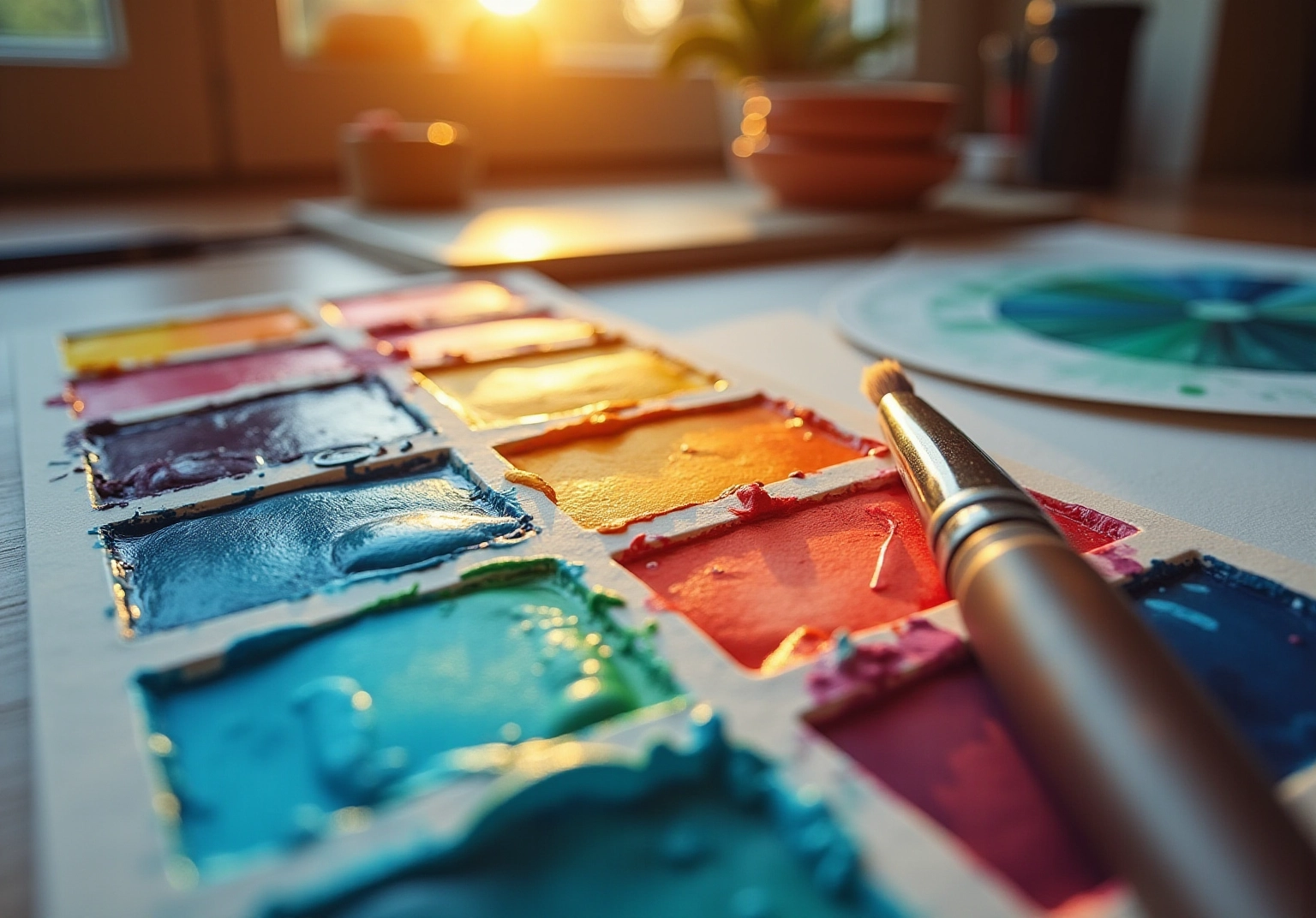 Organized Watercolor Palette in an Artist's Workspace Organized Watercolor Palette in an Artist's Workspace