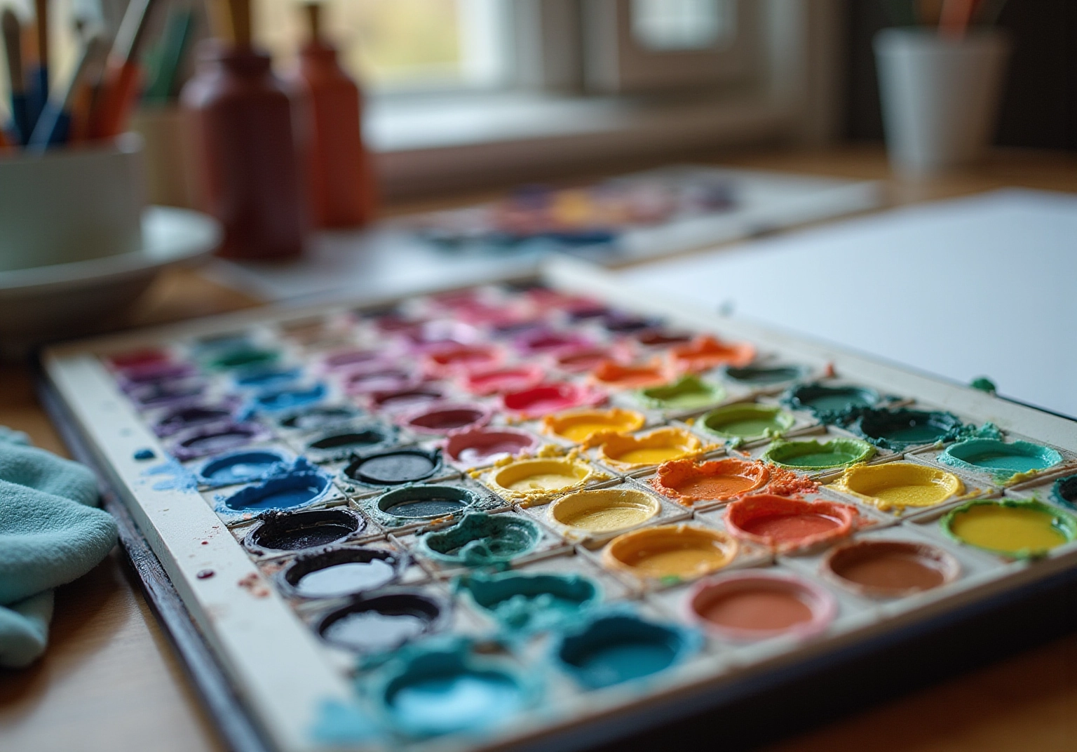 Organized Watercolor Palette in an Artist's Workspace