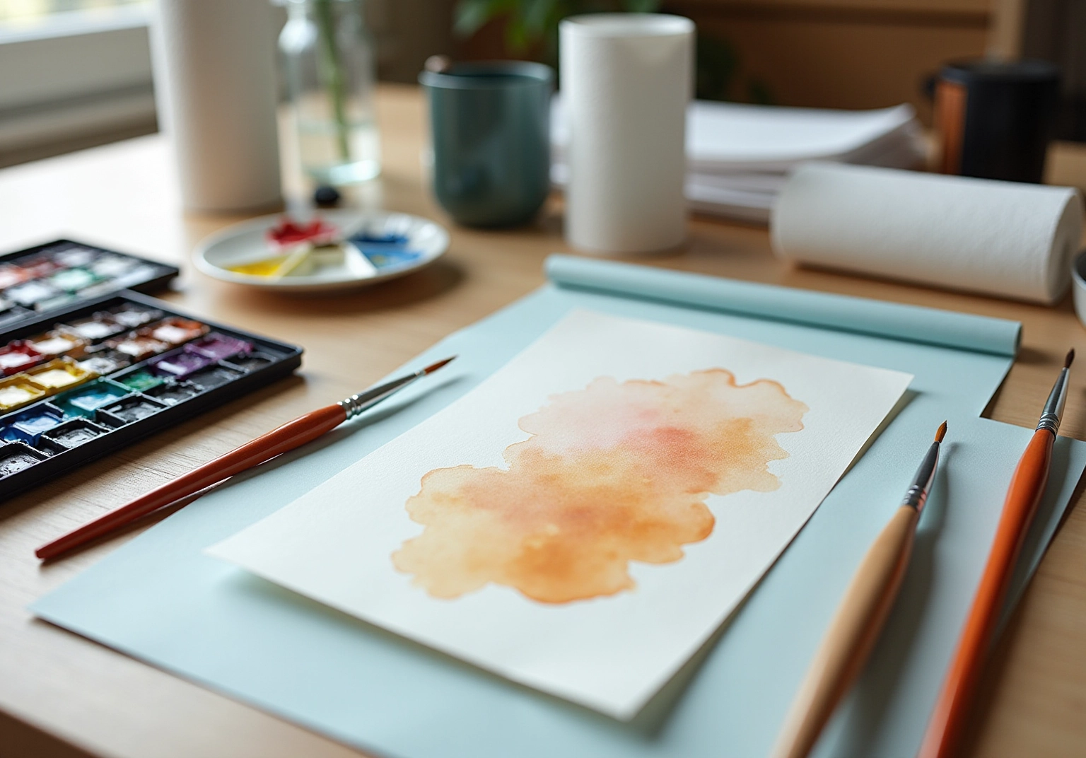 Organized Workspace for Watercolor Painting Organized Workspace for Watercolor Painting