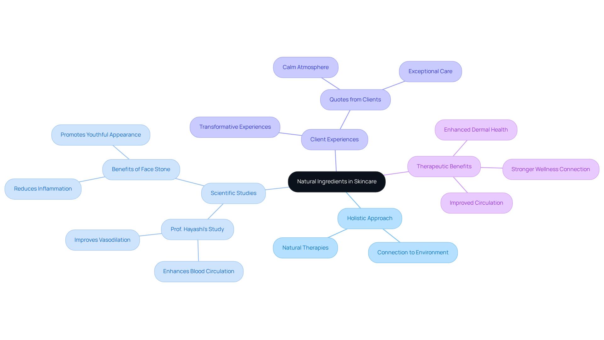 Start at the center with the holistic skincare concept, then explore branches that highlight scientific studies, client testimonials, and the therapeutic benefits of natural ingredients, showcasing how they all interconnect.