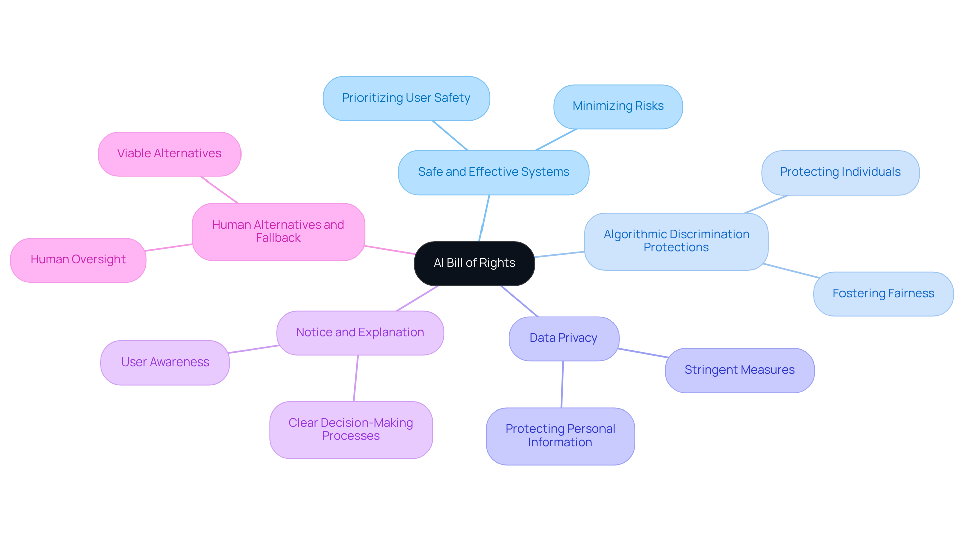 The center represents the AI Bill of Rights, and each branch shows a key principle. Follow the branches to understand how each principle contributes to ethical AI deployment.