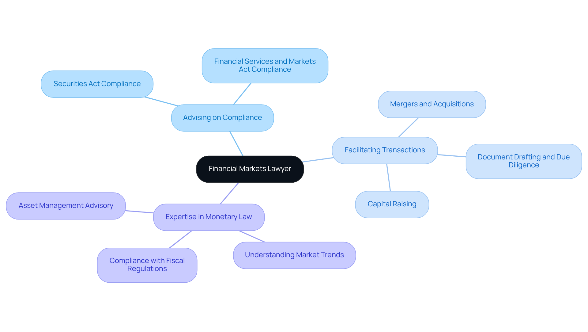 The central node represents the financial markets lawyer's role, while the branches show their key responsibilities and specific activities. Each color-coded branch helps you see how different aspects of their work connect to the main role.