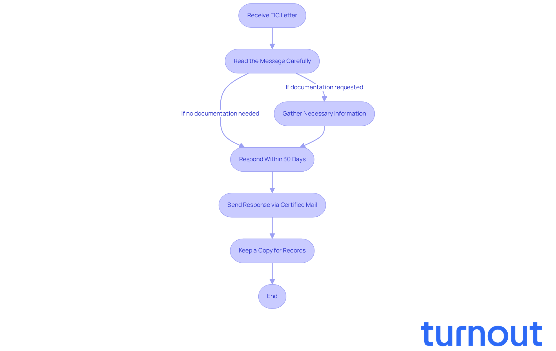Follow the arrows to see each step you should take after receiving your EIC letter. Each box represents an action to help you respond effectively and stay organized.