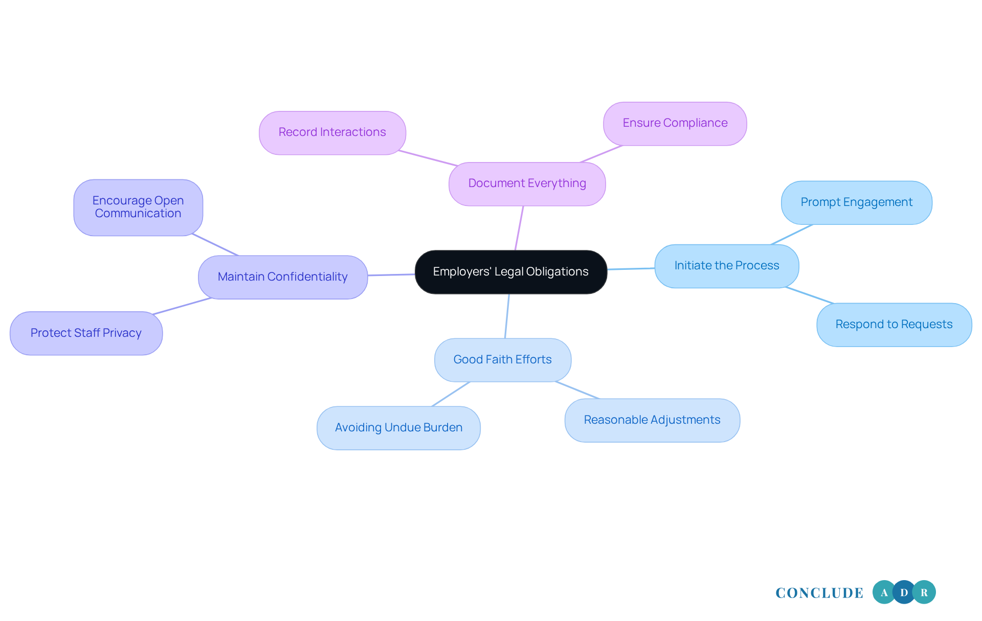 The central node represents the main theme of legal obligations. Each branch shows a specific obligation, and the sub-branches provide additional details or examples. This structure helps you see how each obligation supports a more inclusive workplace. The central node represents the main theme of legal obligations. Each branch shows a specific obligation, and the sub-branches provide additional details or examples. This structure helps you see how each obligation supports a more inclusive workplace.