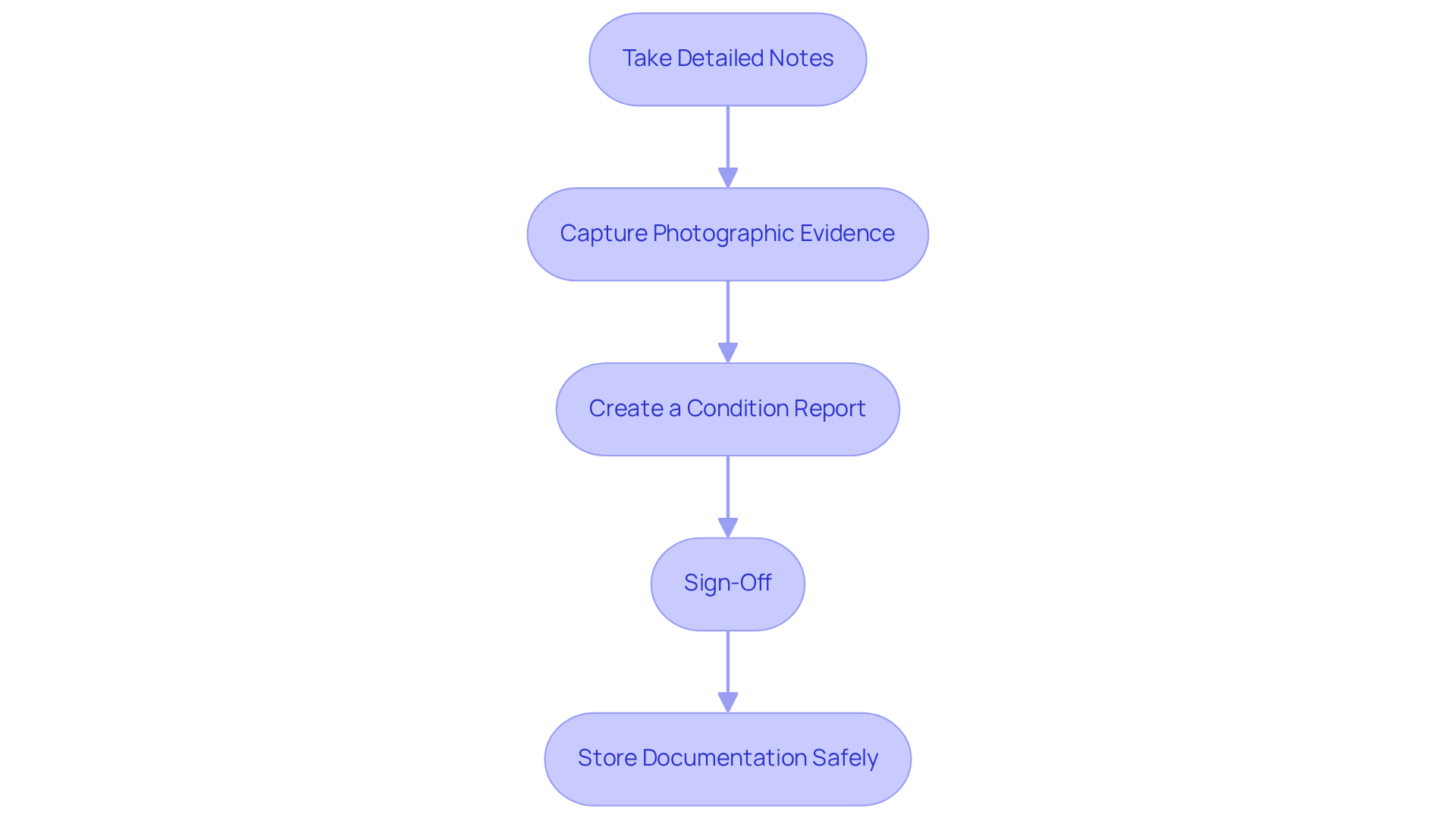 Each box represents a step in the process of documenting the condition of a property before a tenant moves in. Follow the arrows to see how each step leads to the next, ensuring thorough documentation and preventing future disputes.