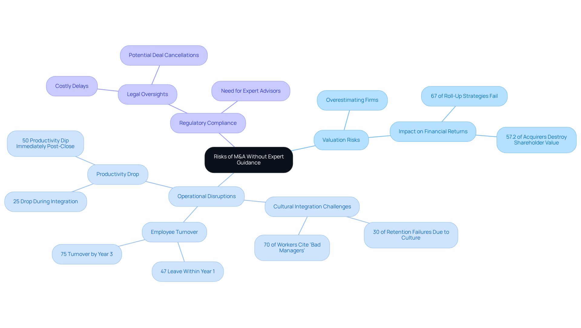 This mindmap illustrates the various risks tech CEOs face in M&A without expert help. Each branch represents a major risk area, and the sub-branches detail specific issues within those areas. Follow the branches to understand how these risks are interconnected and why expert guidance is crucial. This mindmap illustrates the various risks tech CEOs face in M&A without expert help. Each branch represents a major risk area, and the sub-branches detail specific issues within those areas. Follow the branches to understand how these risks are interconnected and why expert guidance is crucial.