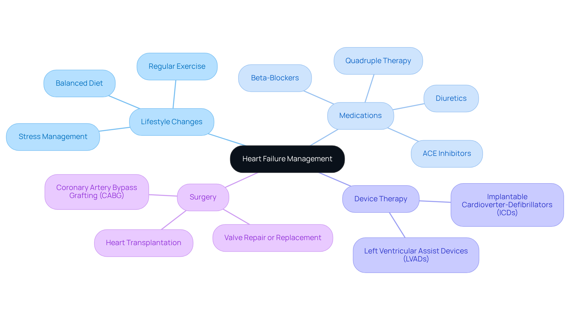 The central node represents the overall management of heart failure, while the branches show different strategies you can take. Each sub-branch provides specific examples or actions related to that strategy, helping you understand the options available. The central node represents the overall management of heart failure, while the branches show different strategies you can take. Each sub-branch provides specific examples or actions related to that strategy, helping you understand the options available.
