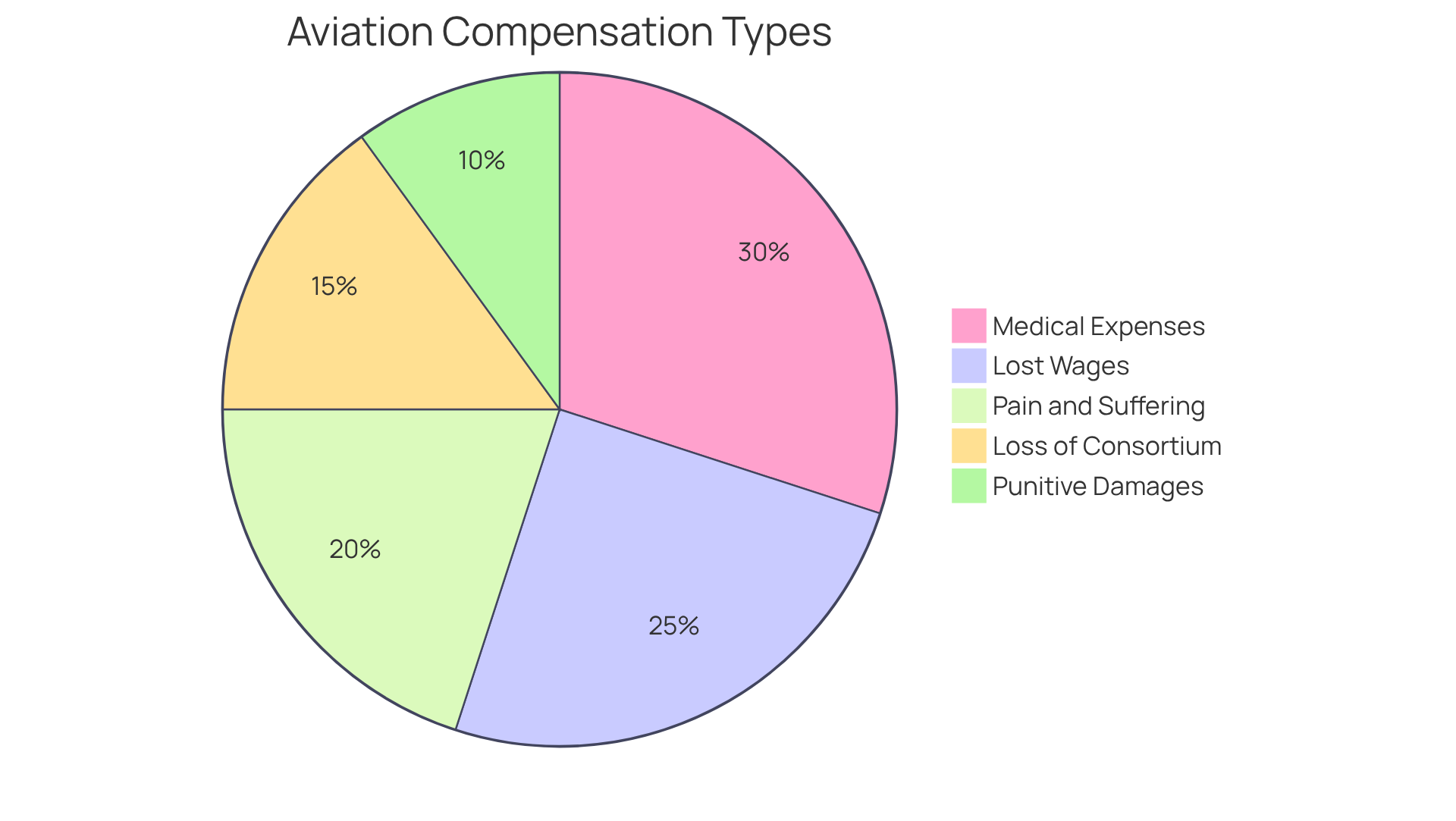 Each slice of the pie represents a type of compensation that victims may receive after an aviation accident. The size of each slice indicates how significant that type of compensation is in helping victims recover from their losses. Each slice of the pie represents a type of compensation that victims may receive after an aviation accident. The size of each slice indicates how significant that type of compensation is in helping victims recover from their losses.