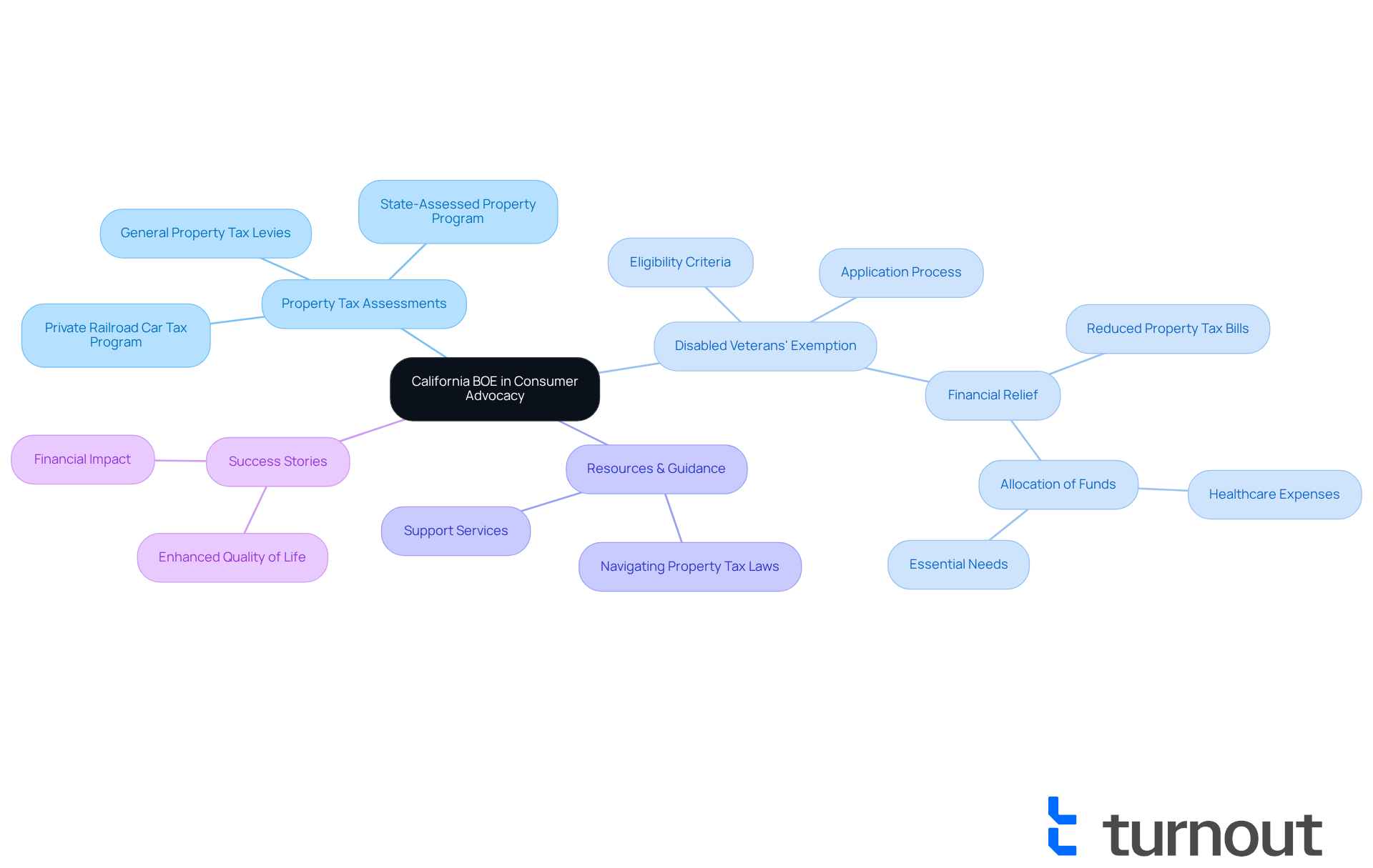 The central idea represents the BOE's role, and each branch shows how it supports disabled veterans through various means. Follow the branches to see how each aspect connects to the overarching goal of consumer advocacy. The central idea represents the BOE's role, and each branch shows how it supports disabled veterans through various means. Follow the branches to see how each aspect connects to the overarching goal of consumer advocacy.