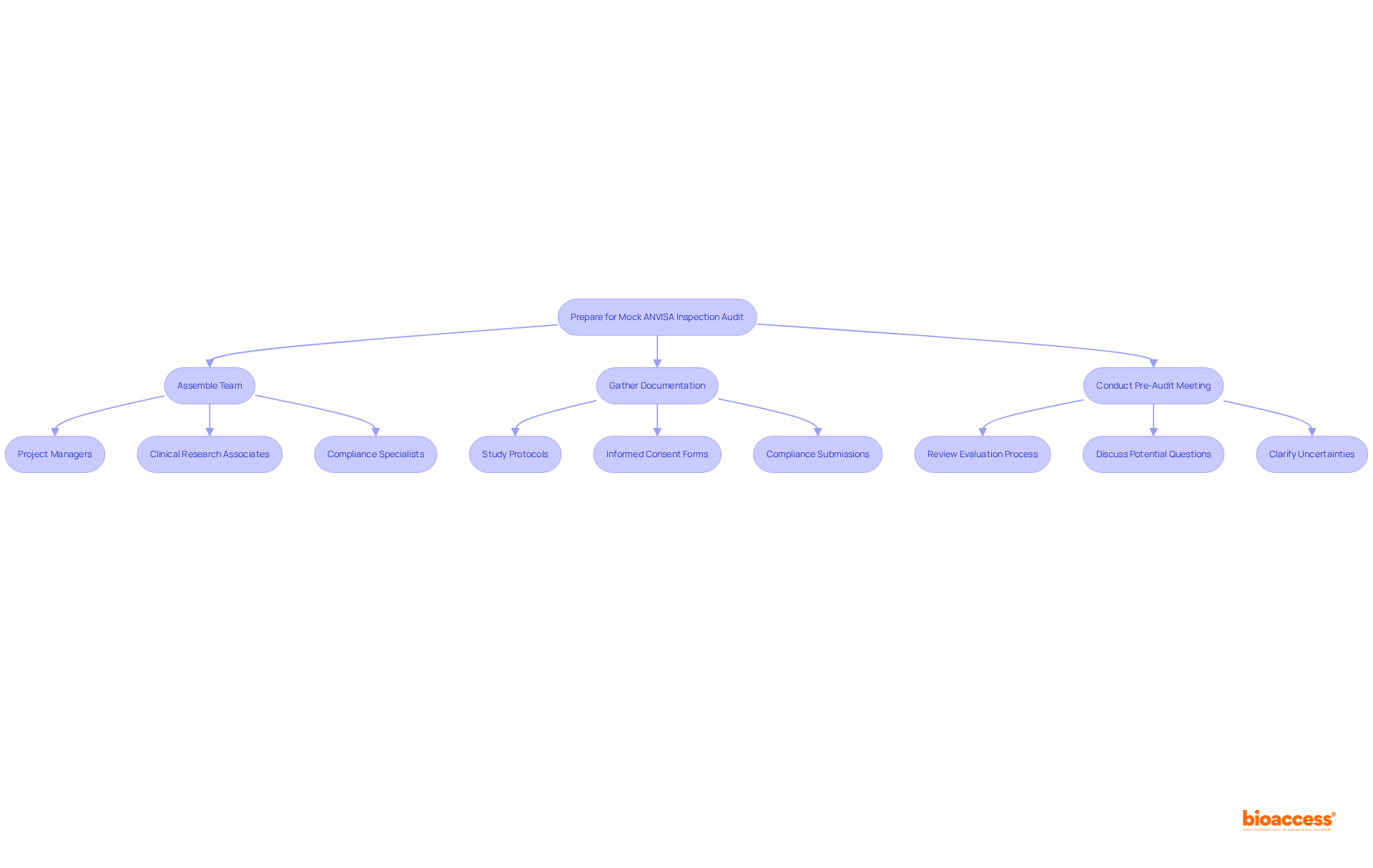 This flowchart outlines the steps for preparing for the ANVISA inspection audit. Each box represents a key activity, and the arrows show the order in which tasks should be completed. Follow the path to ensure all necessary preparations are made for a successful audit.