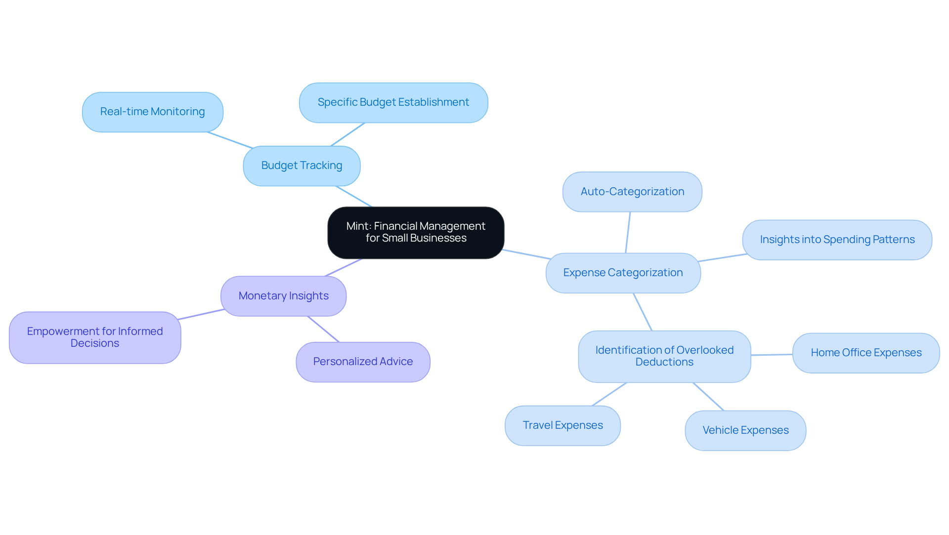 The central node represents Mint, while the branches show its key features. Each sub-branch provides more detail about what each feature offers, helping you understand how Mint can assist in managing finances effectively.