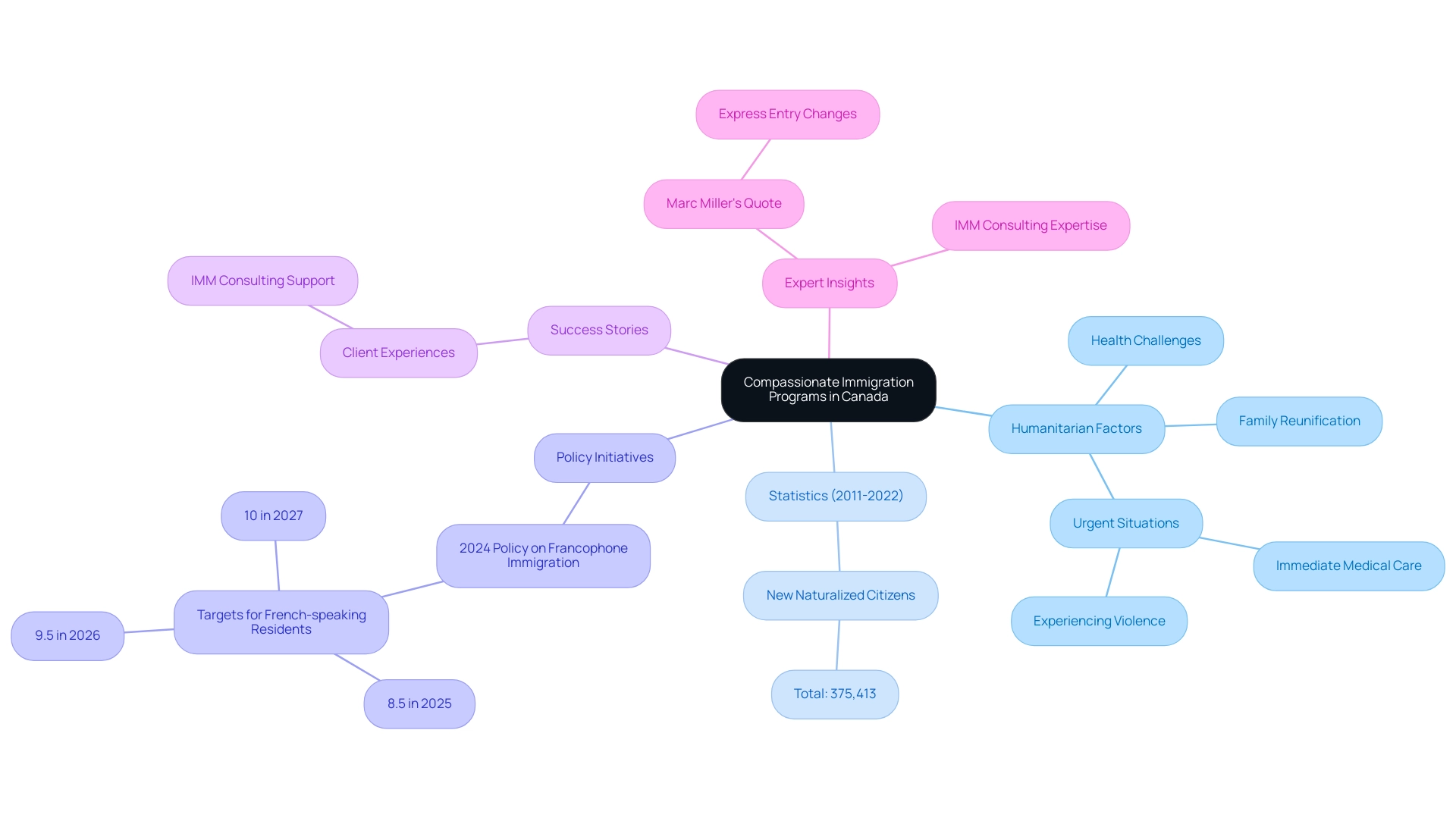 Each branch represents a key area of compassionate immigration initiatives, with sub-branches providing specific details or statistics.