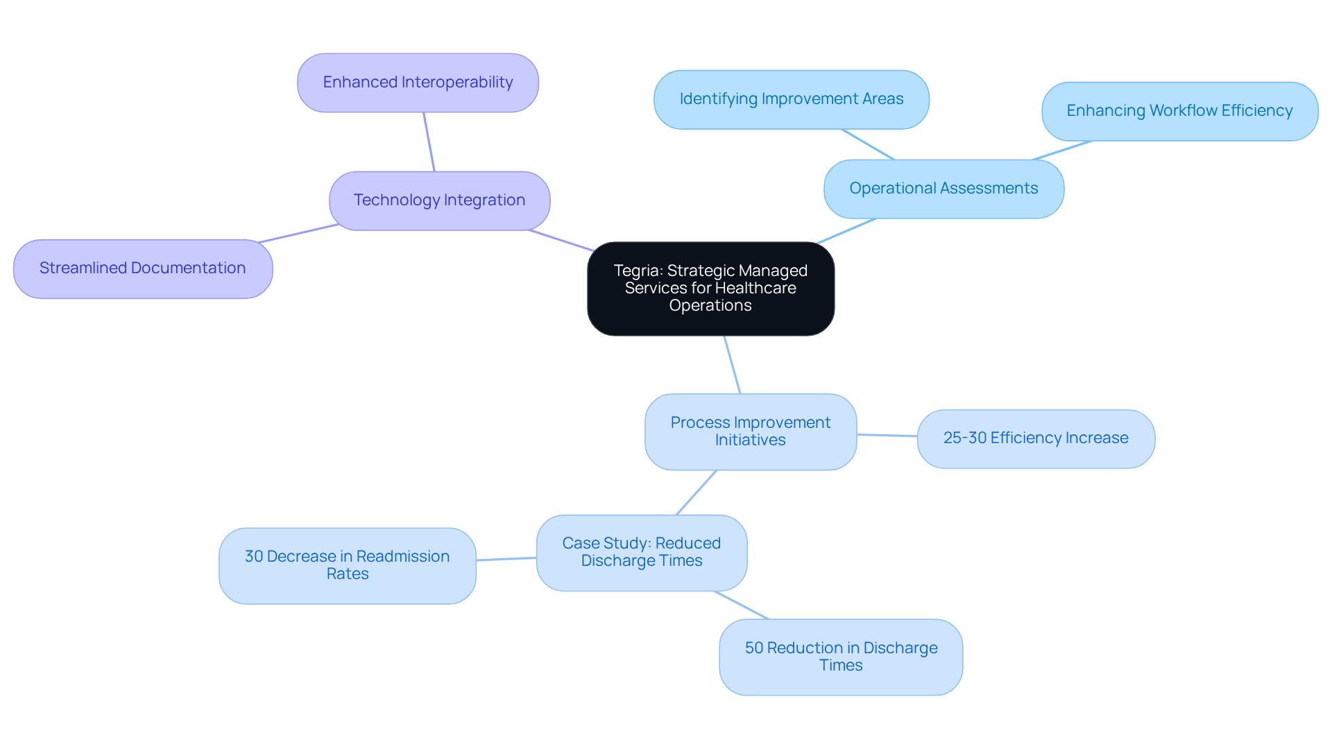 The central node represents Tegria's focus on healthcare operations. Each branch shows a specific service, with sub-branches illustrating the benefits or examples of that service — follow the branches to see how they contribute to overall operational efficiency.