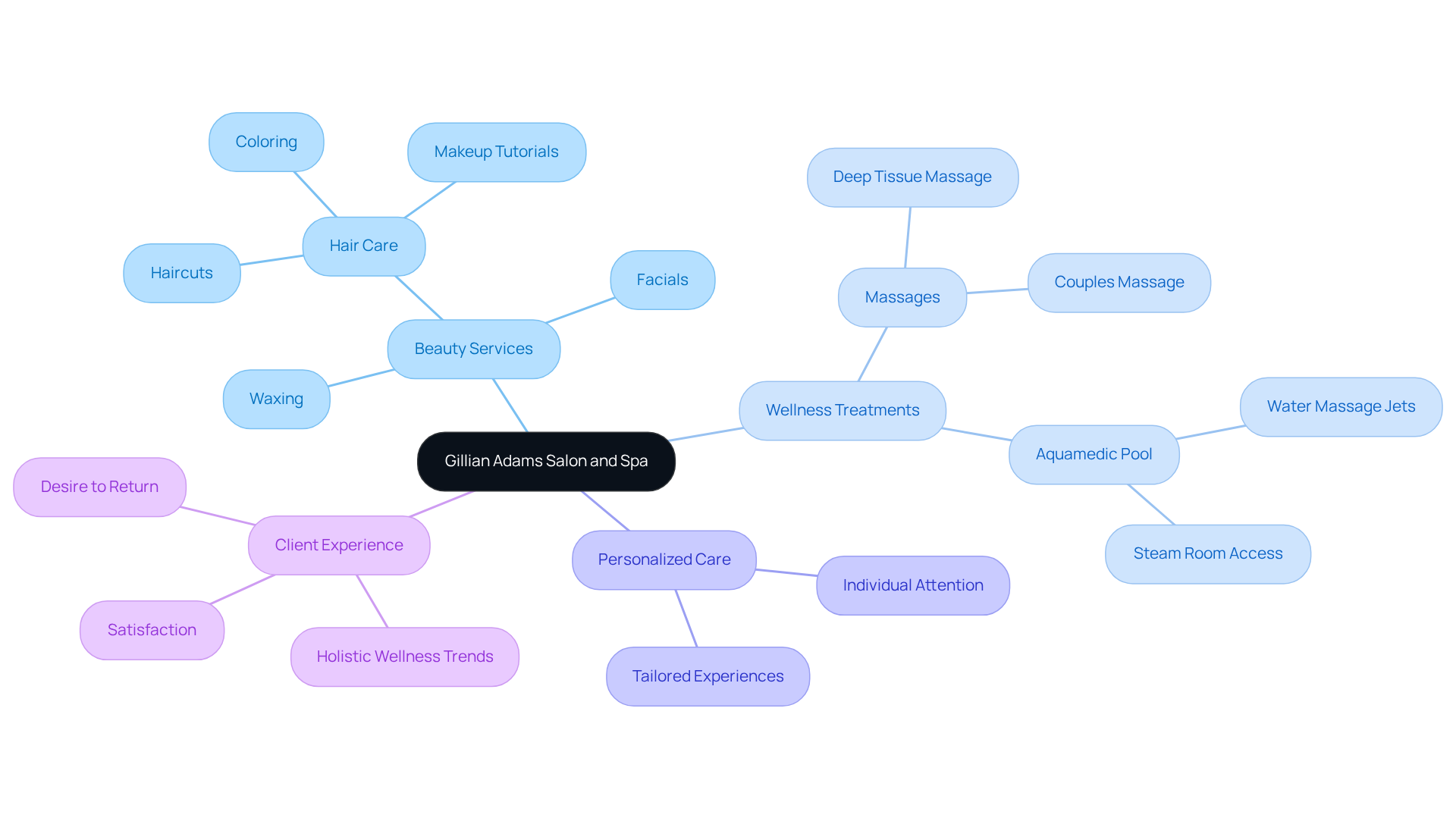 The center represents the salon and spa, with branches leading to different service categories and experiences. Each color-coded section shows how various aspects of beauty and wellness connect to the overall client experience.