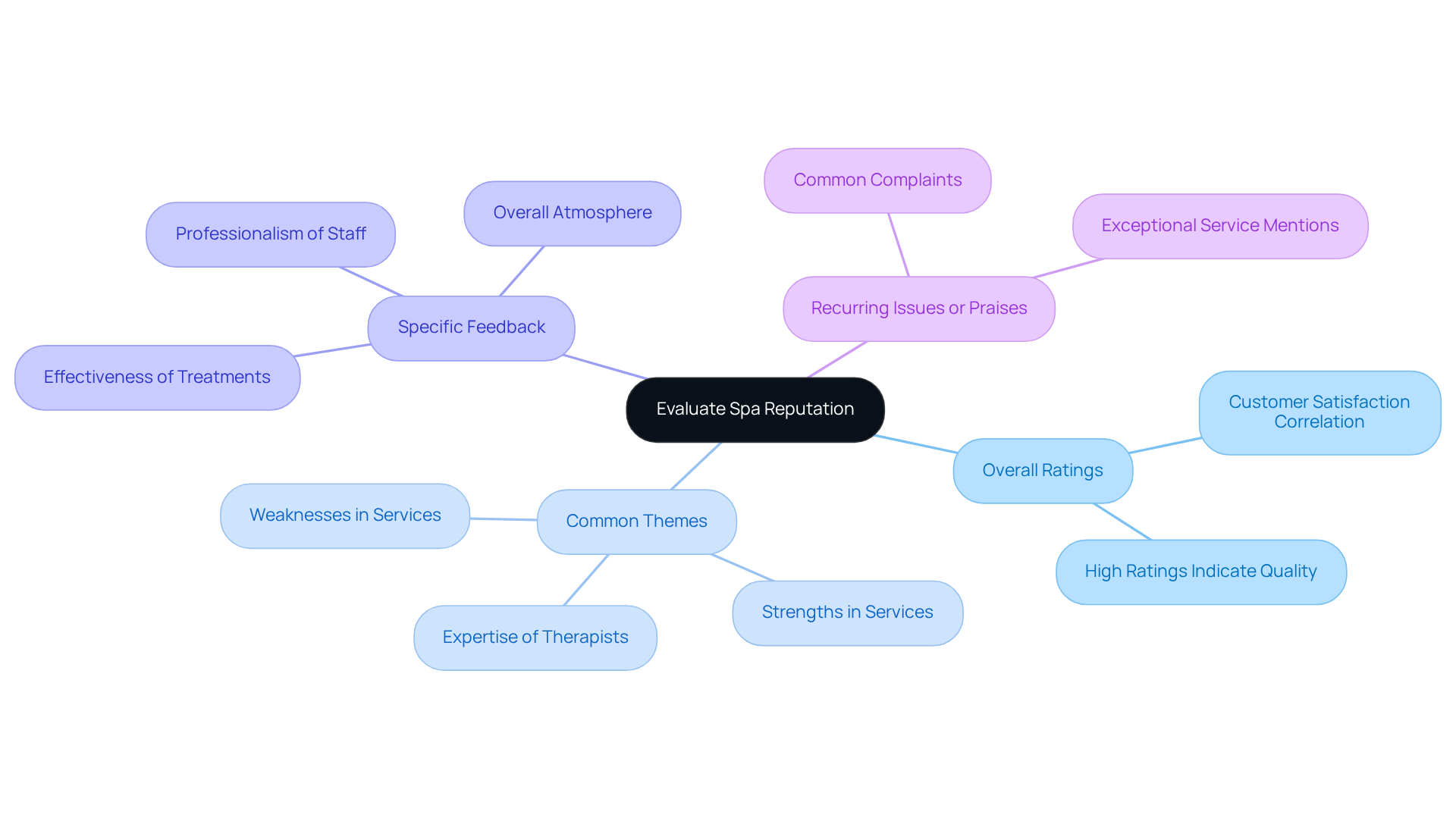 The center represents the main goal of evaluating spa reputation. Each branch explores an important aspect of client reviews that can help you make a more informed decision. Follow the branches to uncover details on ratings, themes, feedback, and common issues.