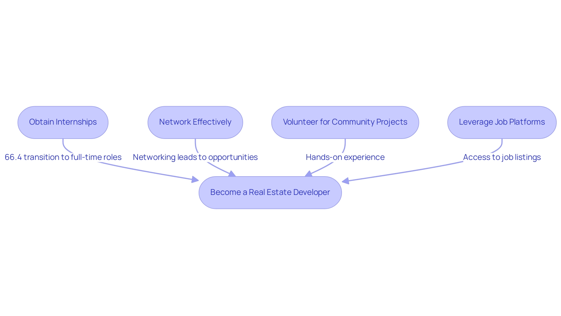 Each box represents a key strategy (Internships, Networking, Volunteering), with arrows indicating the progression towards becoming a developer. Annotations highlight significant statistics related to each strategy.