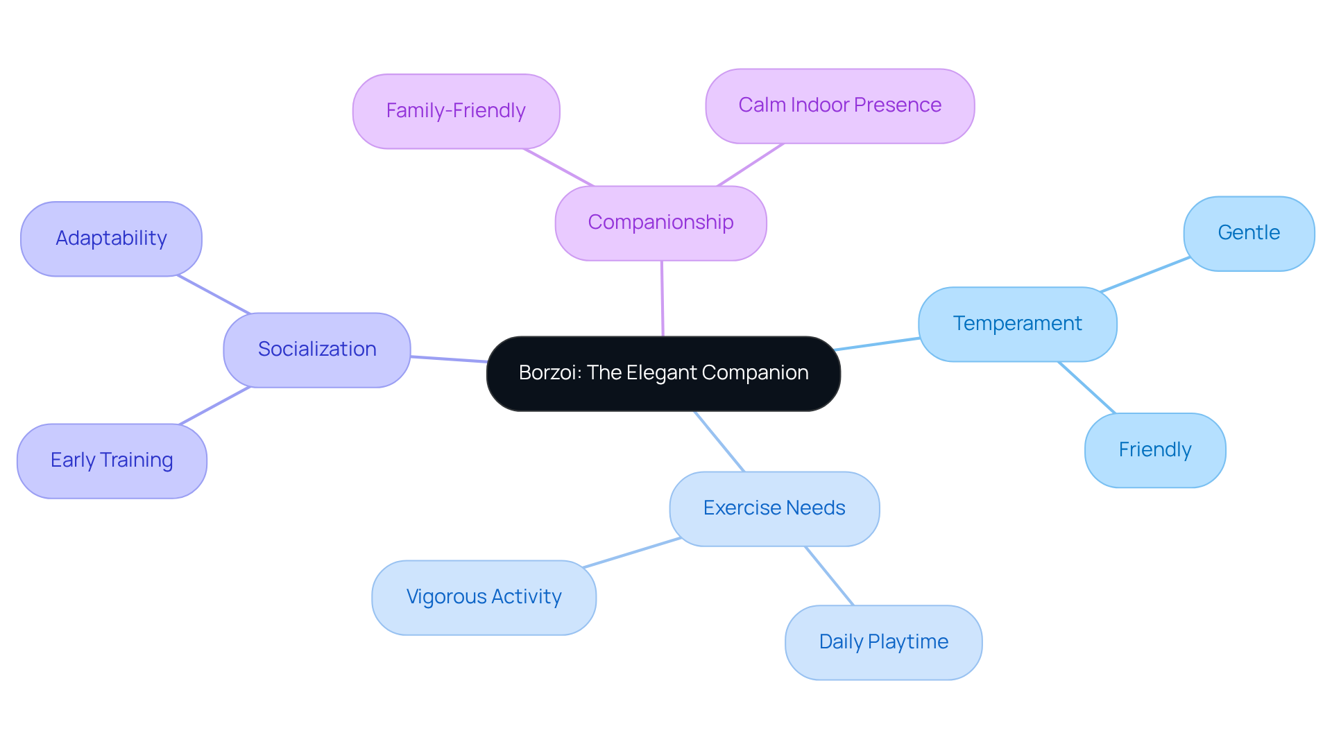 Start at the center with the Borzoi's title, then follow the branches to explore its temperament, exercise needs, socialization tips, and companionship qualities. Each branch highlights essential aspects of caring for a Borzoi.
