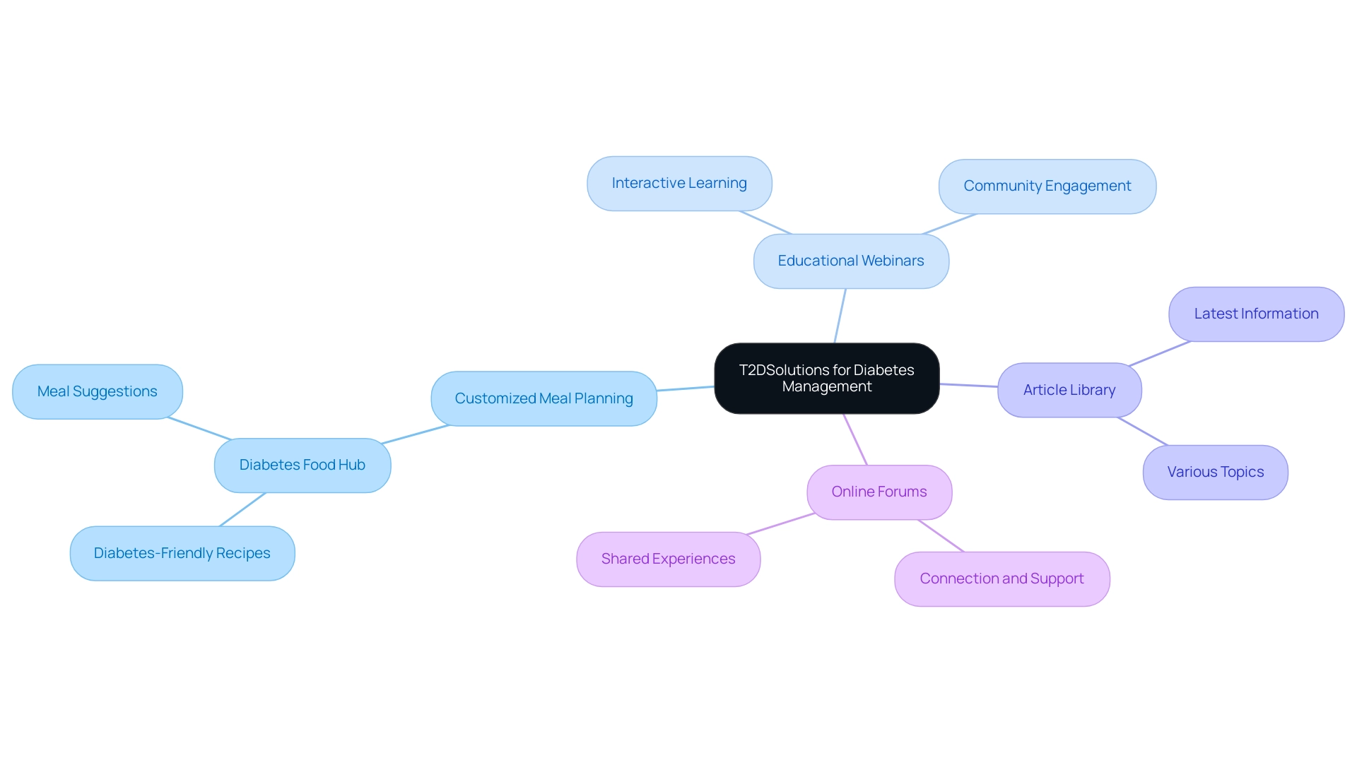 The central node represents T2DSolutions, with branches illustrating key features: Customized Meal Planning, Educational Webinars, Article Library, and Online Forums.