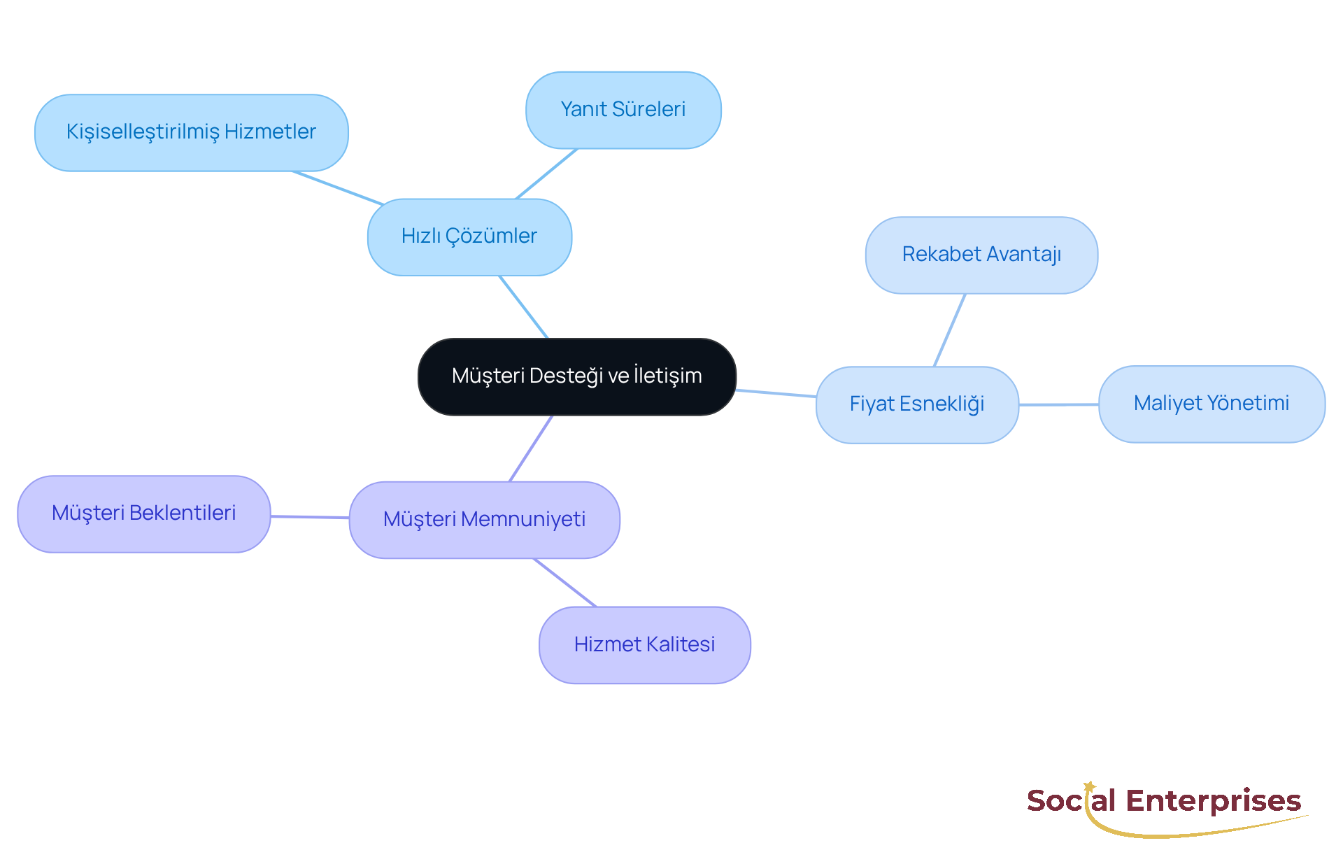 Merkezdeki başlık müşteri destek hizmetlerinin genel konseptini temsil eder. Dallar, bu hizmetlerin fiyatlandırma üzerindeki etkilerini ve nasıl bir rekabet avantajı sağladıklarını gösterir. Renkler, farklı unsurların belirginliğini artırarak okuyucunun dikkatini çekmek içindir.