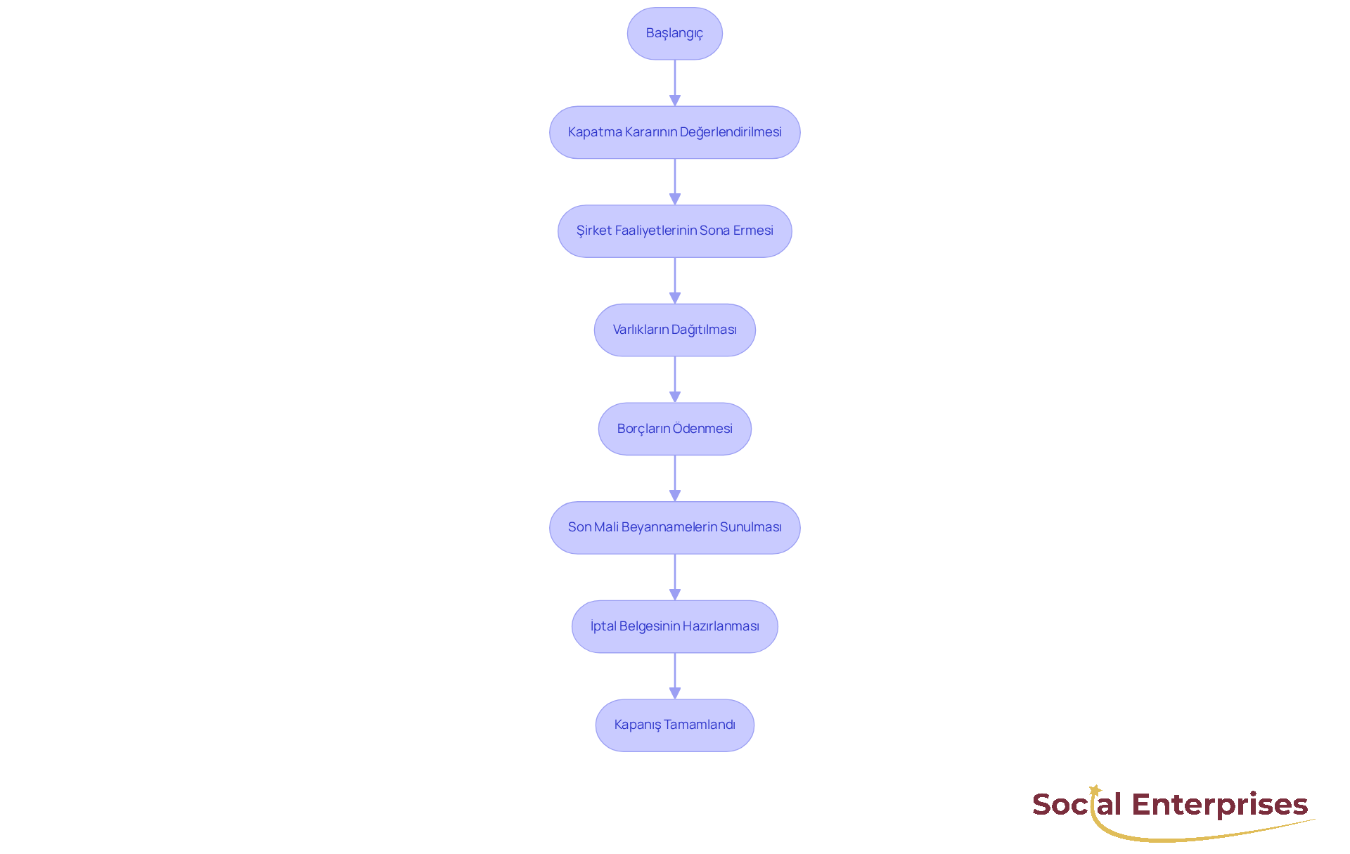 Her kutu, şirketin kapatılması sürecindeki bir aşamayı temsil eder. Oklar, bu aşamaların sırasını ve nasıl birbirine bağlandığını gösterir. Sürecin her aşamasını takip ederek, doğru adımları izlediğinizden emin olabilirsiniz.