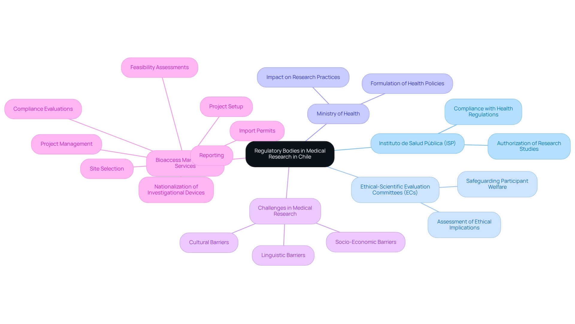 The central node represents the main theme, with branches for each regulatory body and their specific roles in medical research.