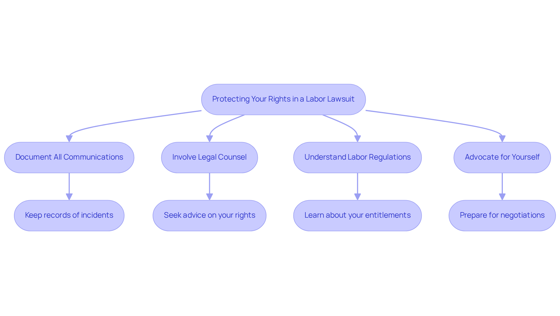 Follow the arrows to see the steps you should take to safeguard your rights during a labor lawsuit. Each box represents an important action, and the sub-steps provide additional guidance on how to execute those actions. Follow the arrows to see the steps you should take to safeguard your rights during a labor lawsuit. Each box represents an important action, and the sub-steps provide additional guidance on how to execute those actions.