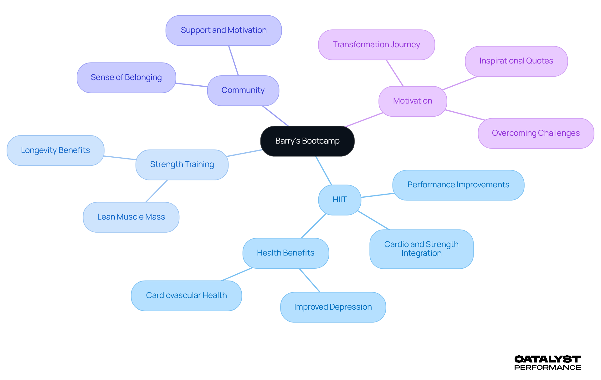 The central node represents Barry's Bootcamp, while the branches show the main themes of the program. Each sub-branch provides more detail about what makes Barry's Bootcamp unique and effective. The central node represents Barry's Bootcamp, while the branches show the main themes of the program. Each sub-branch provides more detail about what makes Barry's Bootcamp unique and effective.