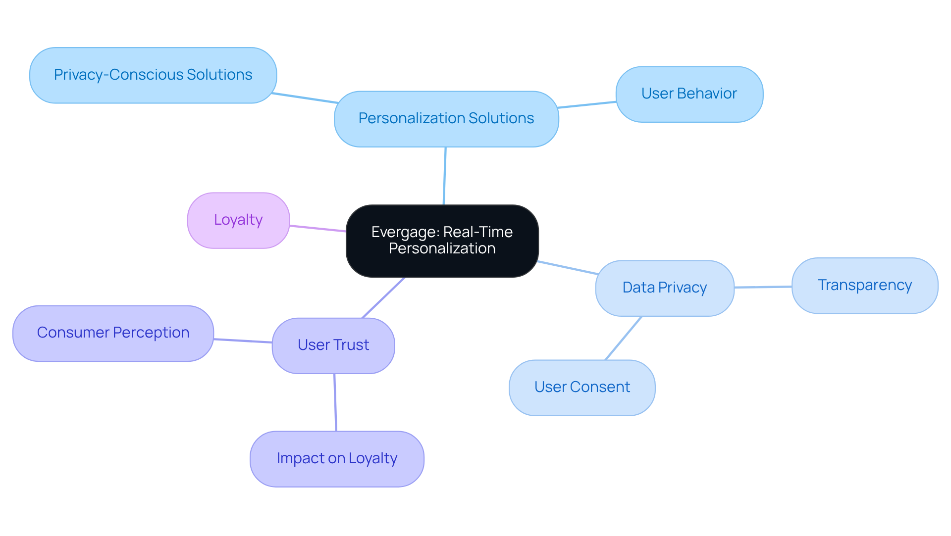 The central node represents Evergage's focus, while branches show how personalization, privacy, and trust are interconnected. Each sub-branch provides more detail on these concepts.