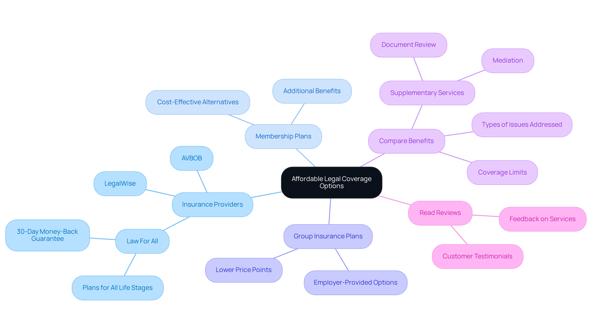 This mindmap shows the different paths families can explore for affordable legal protection. Each main branch represents a category of options, and the further branches provide more specific details about each choice. This mindmap shows the different paths families can explore for affordable legal protection. Each main branch represents a category of options, and the further branches provide more specific details about each choice.