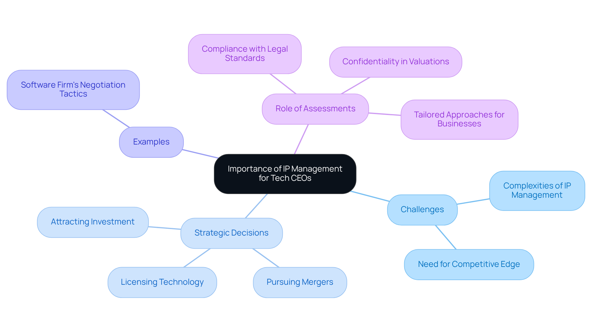 This mindmap illustrates how tech CEOs can navigate IP management. Start at the center with the main theme, then explore the branches to see challenges, strategic decisions, examples, and the role of assessments in enhancing business value.