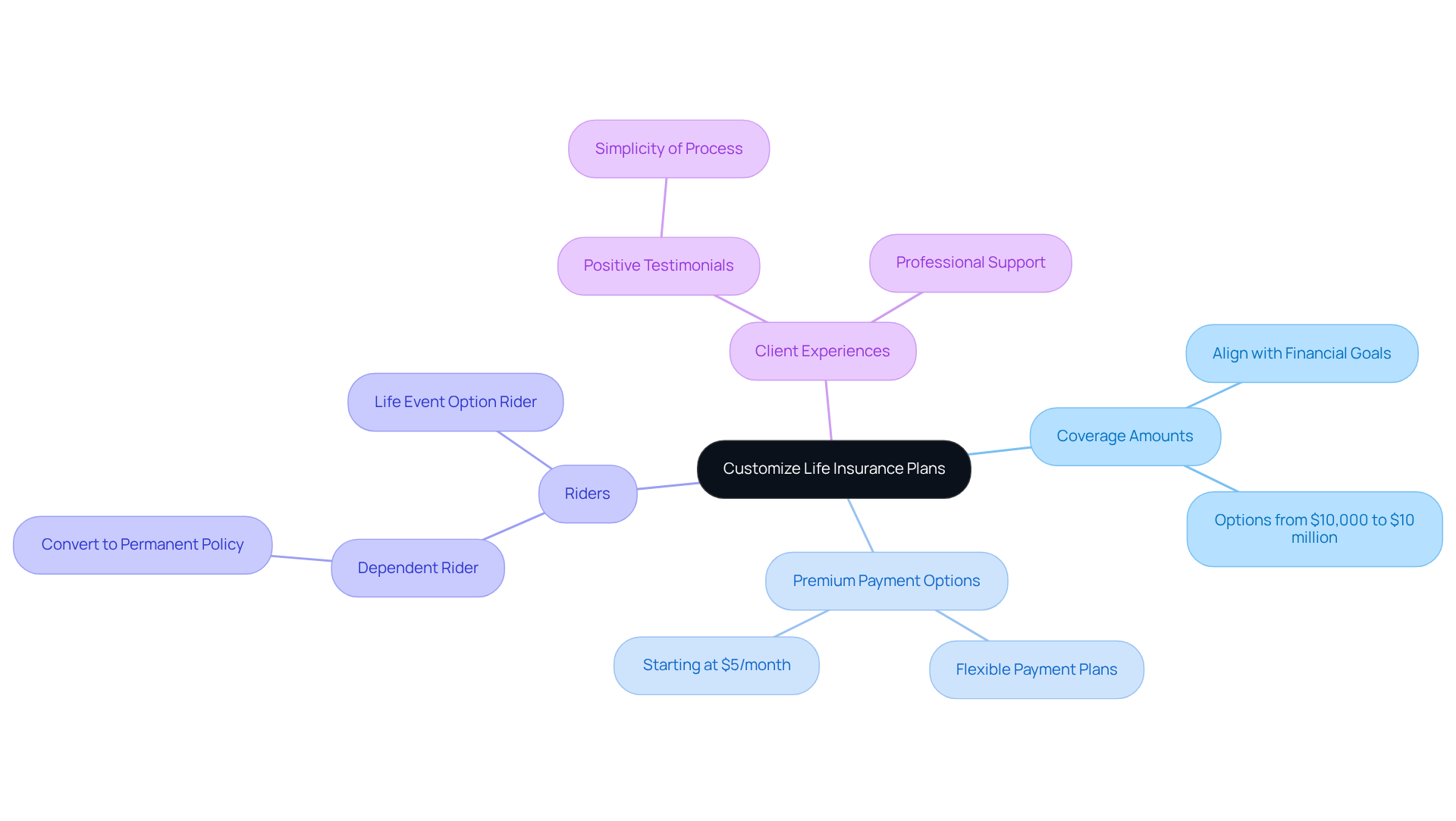 The central node represents the main idea of customization, while the branches show different aspects of life insurance plans that families can tailor to their needs. Each branch can be explored for more details, making it easy to understand how to create a personalized plan.