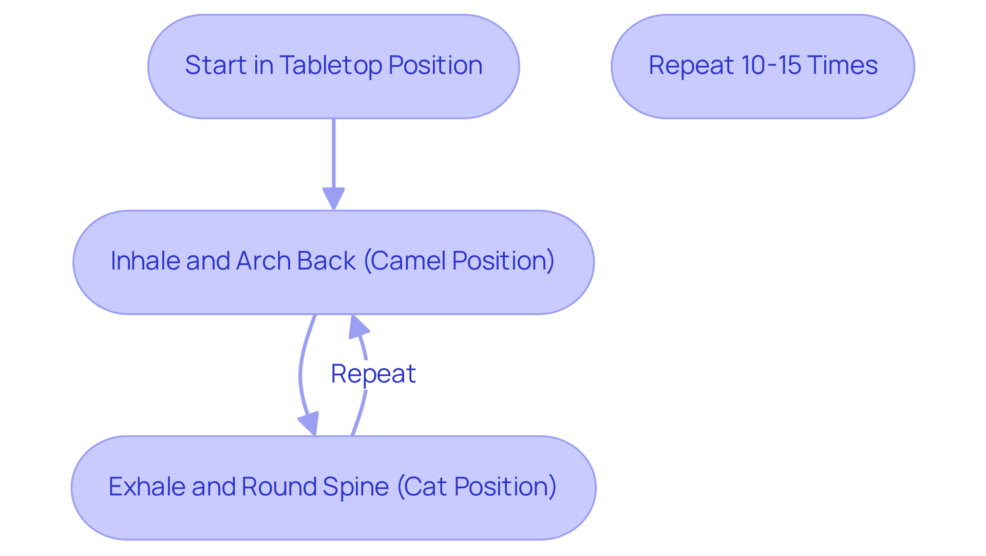 Follow the arrows to see how to perform the Cat-Camel Stretch. Each box represents a step in the process, guiding you from the starting position through the movements and repetitions. Follow the arrows to see how to perform the Cat-Camel Stretch. Each box represents a step in the process, guiding you from the starting position through the movements and repetitions.