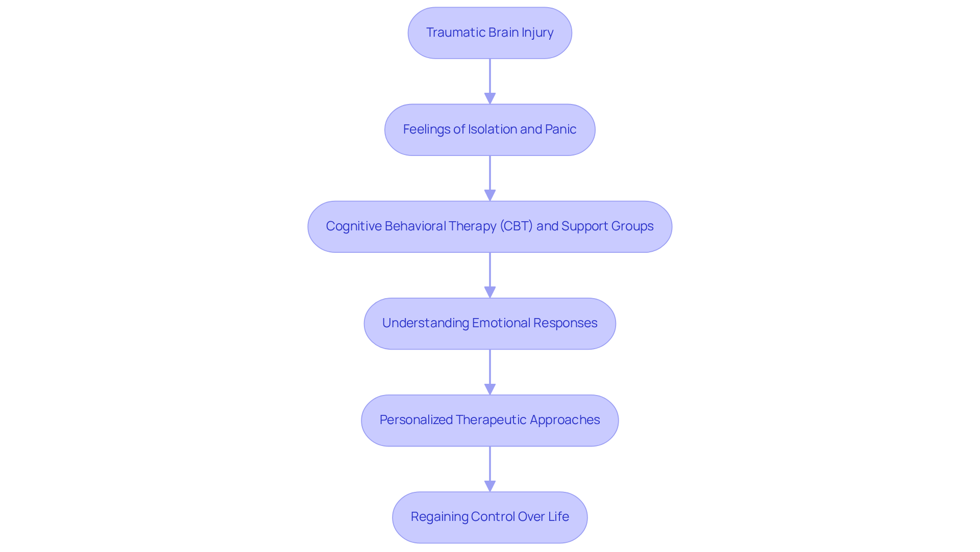 This flowchart illustrates Raj's path from experiencing panic after his brain injury to finding healing through therapy and support. Each step shows how he moved forward, highlighting the importance of therapy in reclaiming his life.