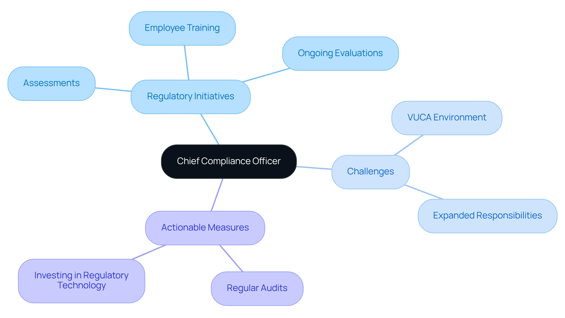 The central node represents the CCO's role, with branches detailing their initiatives, challenges, and specific actions they can take to ensure compliance. Follow the branches to explore how each aspect contributes to effective regulatory management.