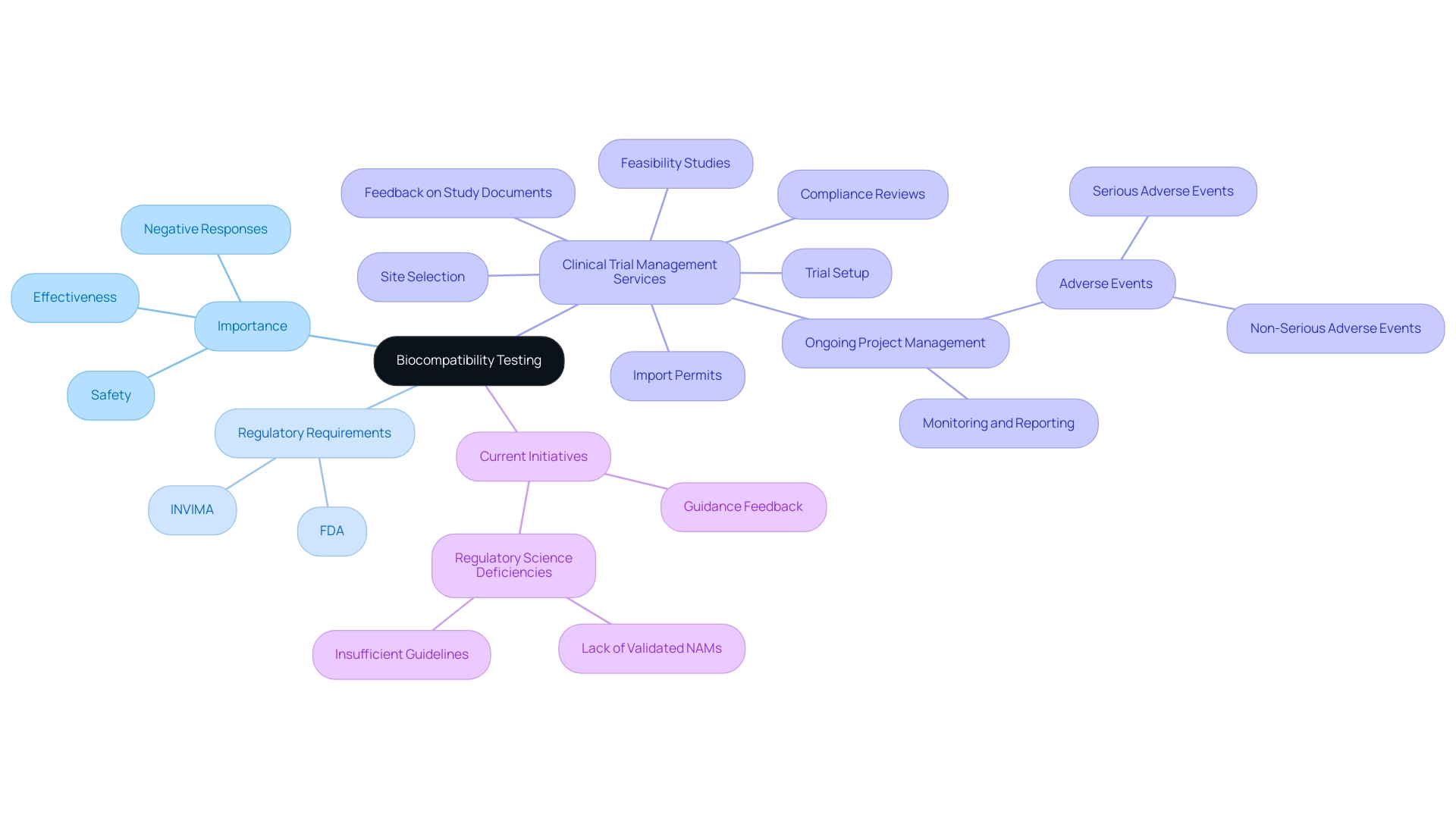 Each branch represents a key aspect of biocompatibility testing, organized hierarchically, with colors differentiating main themes and subcategories.