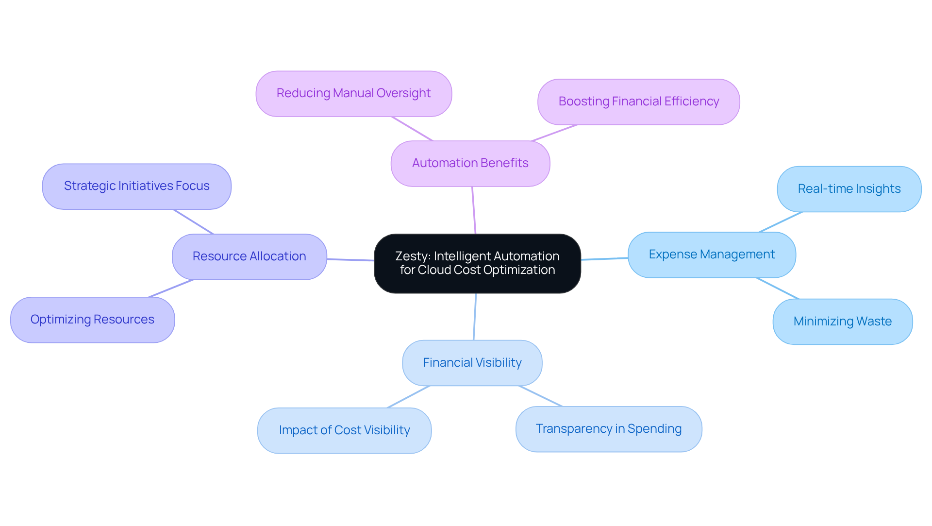 Start at the center with Zesty's main focus, then explore the branches to see how it impacts expense management, visibility, and resource allocation. Each branch represents a key area of Zesty's capabilities.
