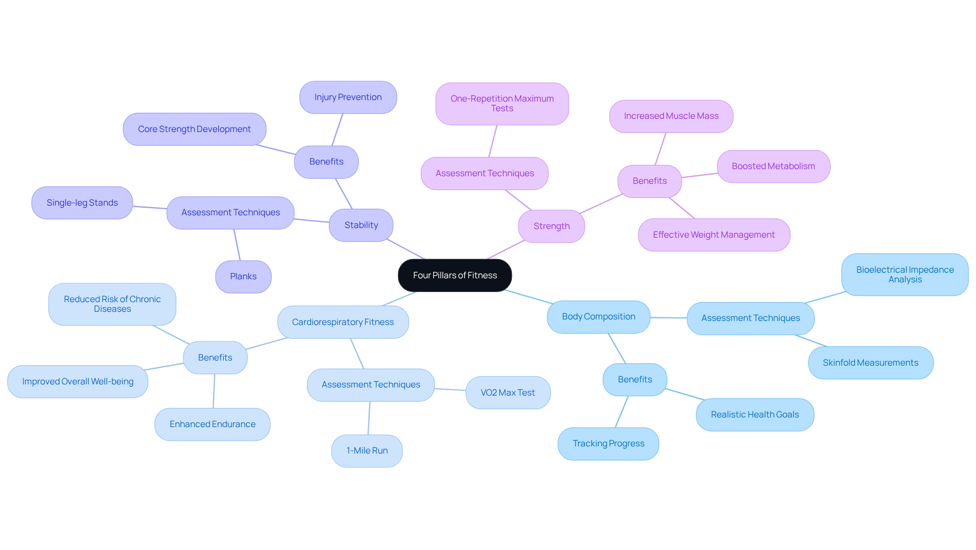 The center represents the main theme of fitness pillars, while each branch shows a specific area of focus. Follow the branches to learn about the importance and methods related to each pillar.