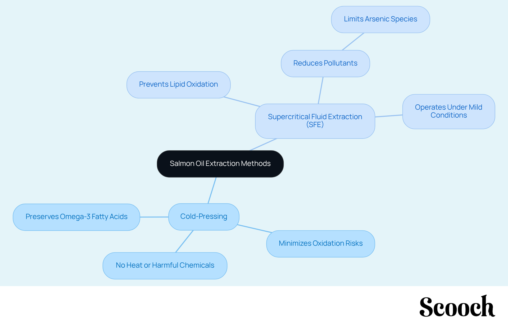 The central idea is about how salmon oil is extracted. Each branch shows a different method and its advantages, helping you see why these methods matter for your dog's health.
