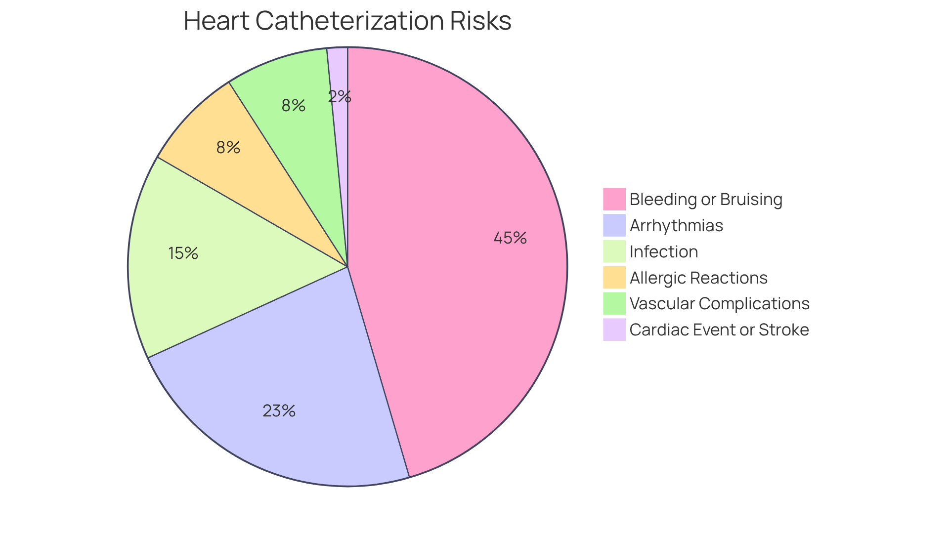 Each slice of the pie shows a different risk associated with heart catheterization. The size of each slice indicates how common that risk is - larger slices mean higher likelihood, while smaller slices represent less common risks.