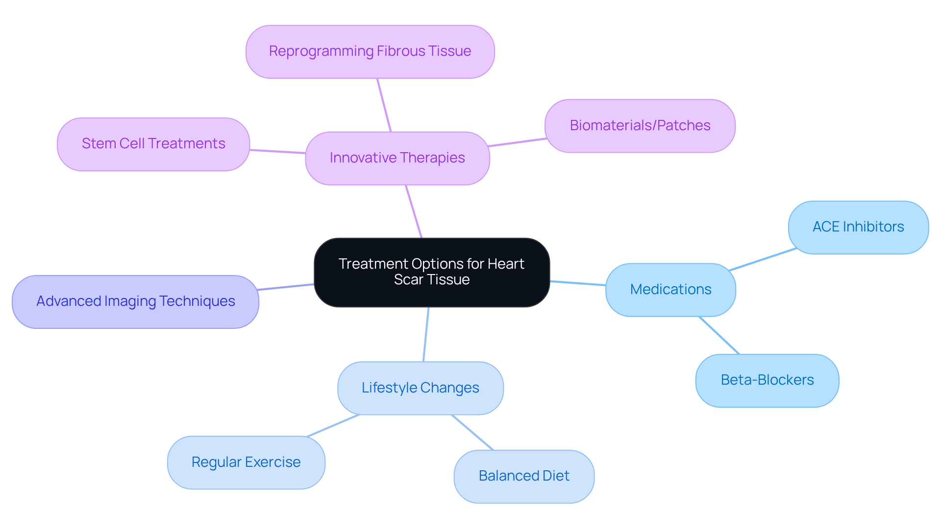 The central node represents the main topic, while the branches show different treatment strategies. Each color-coded branch highlights a category of treatment, making it easy to see how they relate to the overall goal of improving heart health. The central node represents the main topic, while the branches show different treatment strategies. Each color-coded branch highlights a category of treatment, making it easy to see how they relate to the overall goal of improving heart health.