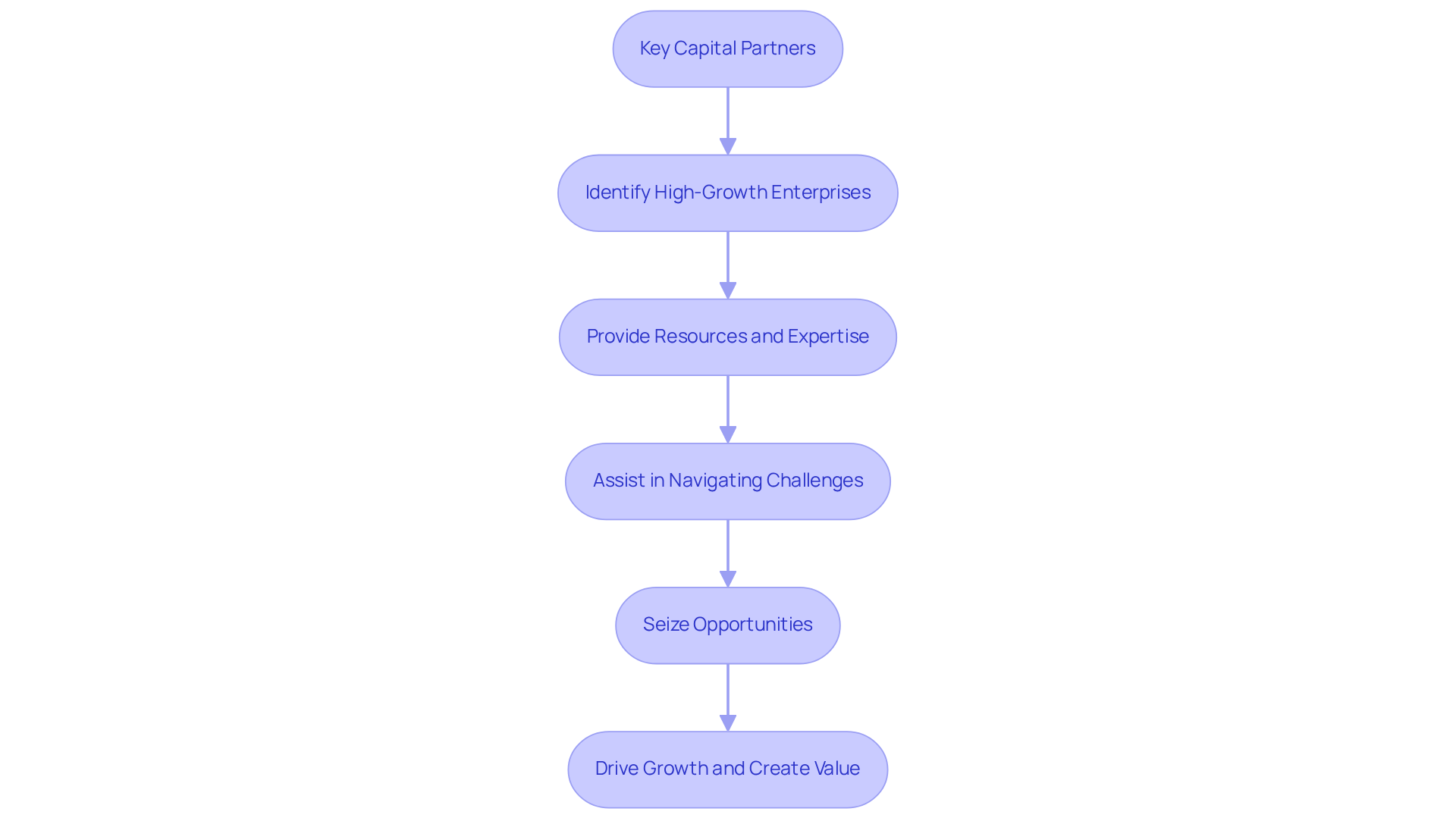 This flowchart shows how Key Capital Partners works with businesses. Each box represents a step in their process, from identifying potential partners to driving growth and creating long-term value.