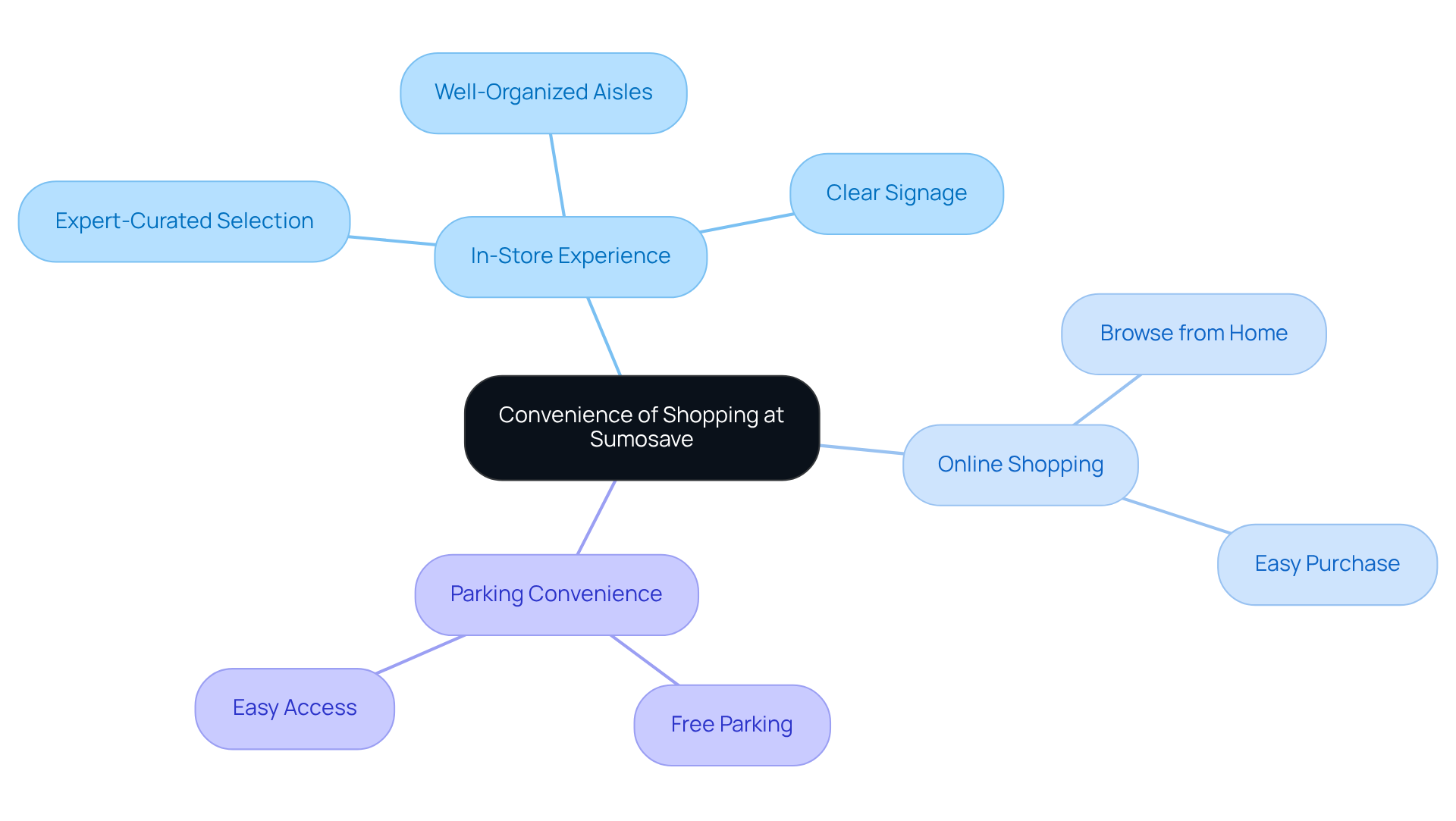 The central idea is the convenience of shopping, with branches showing how in-store organization, online options, and parking enhance the overall experience.