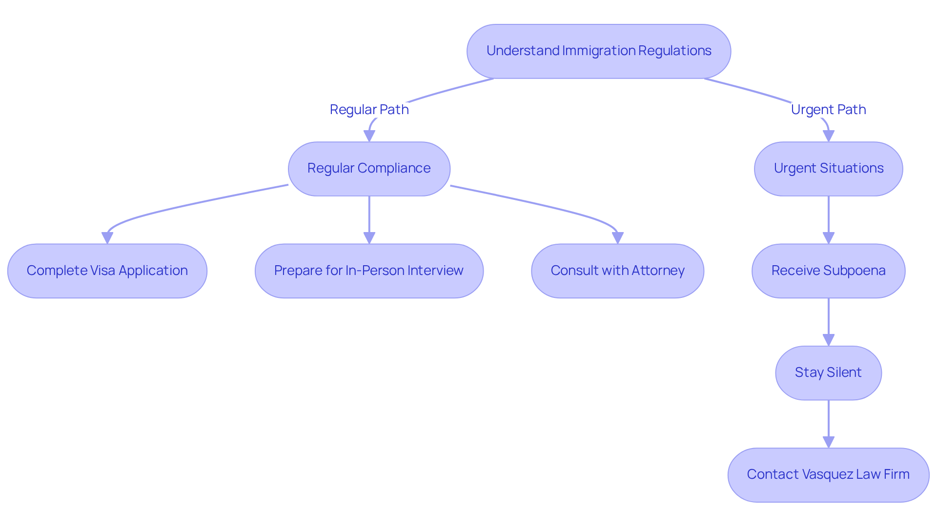 This flowchart guides you through the steps to stay compliant with immigration laws. Follow the arrows to see what actions to take regularly and in urgent situations. The blue sections show the standard process, while the red sections highlight what to do if you face an emergency.