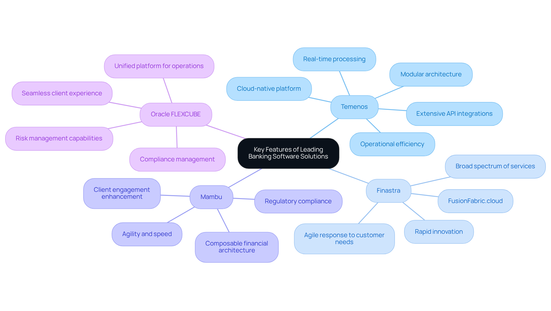 This mindmap starts with the main topic in the center and branches out to show each company's unique features. Each branch represents a different software solution, and the sub-branches highlight what makes them stand out. Follow the branches to see how each solution addresses the needs of the financial sector.